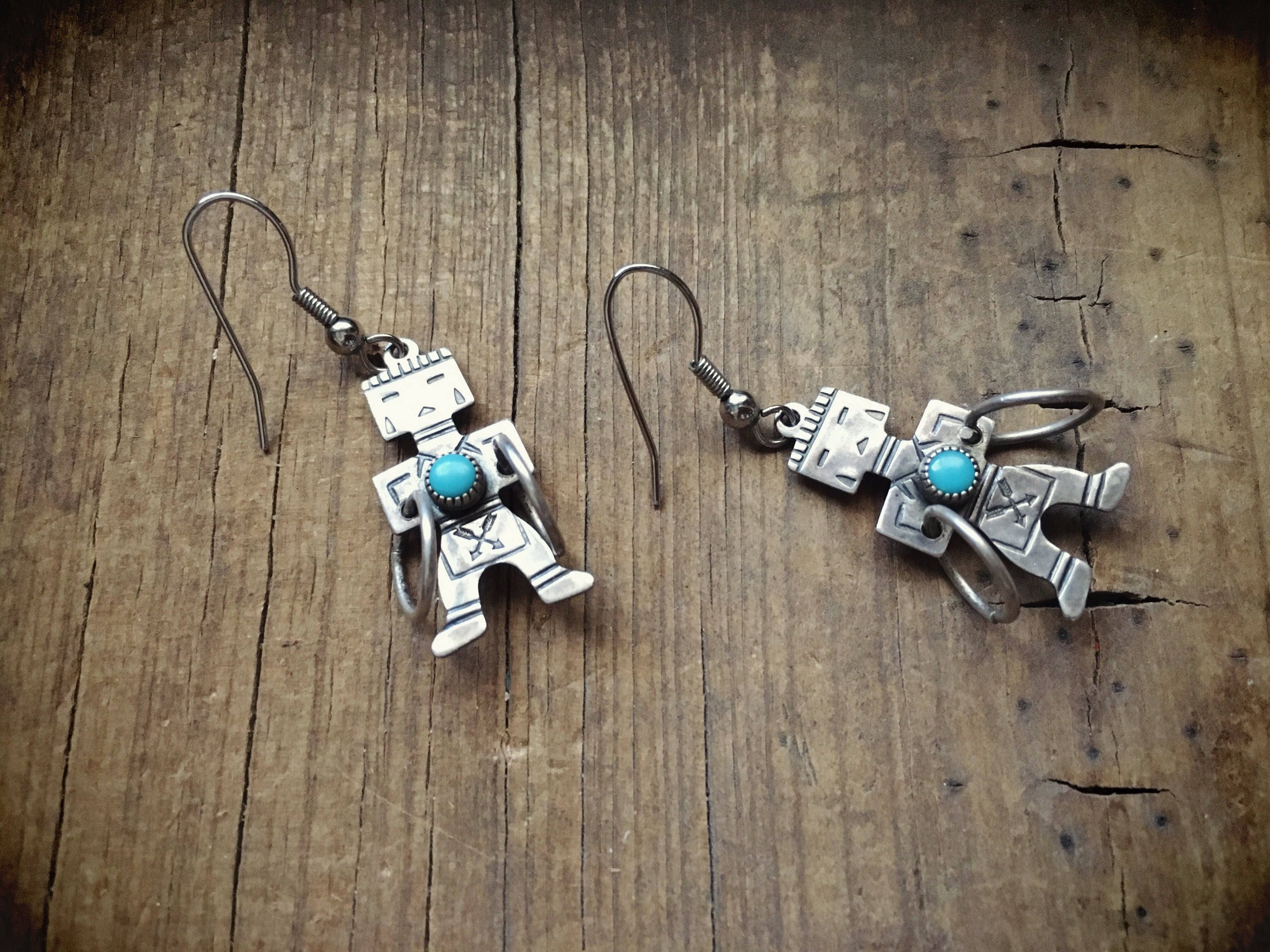 Fred Harvey Era Silver Turquoise Earrings Yei Symbol, Kachina Jewelry ...