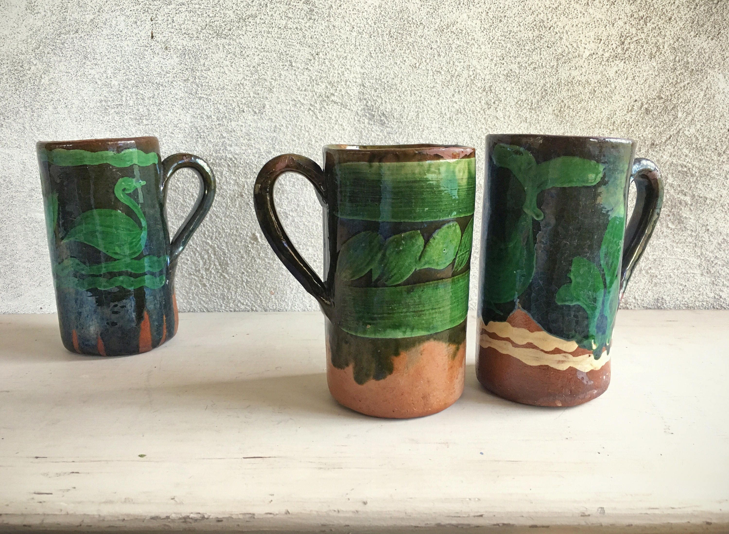 1940s Mexican pottery green glaze mugs Tlaquepaque redware folk art ...