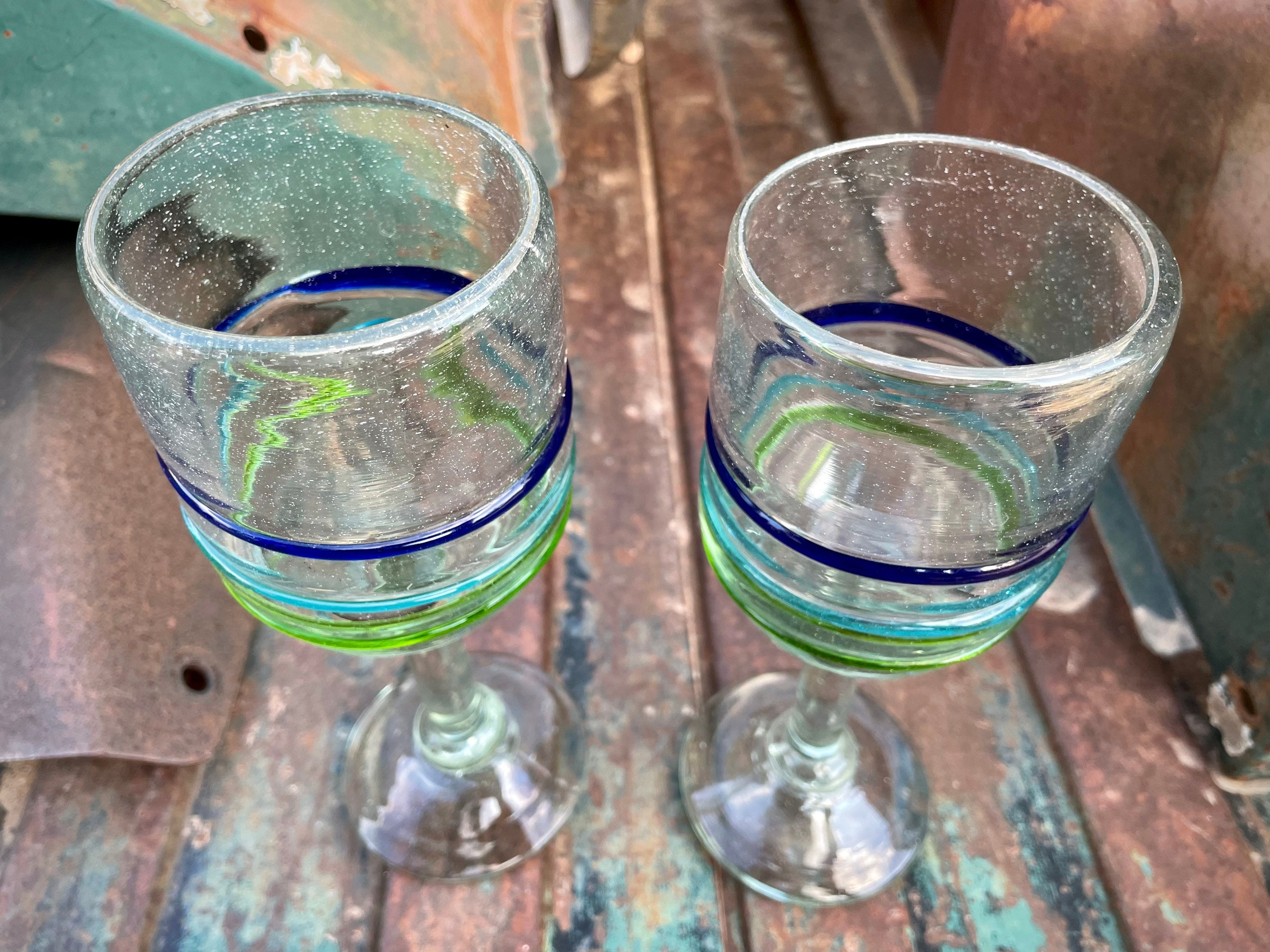 Two Mexican Blown Glass Margarita Goblets Swirl Design, Thick Hand Made ...