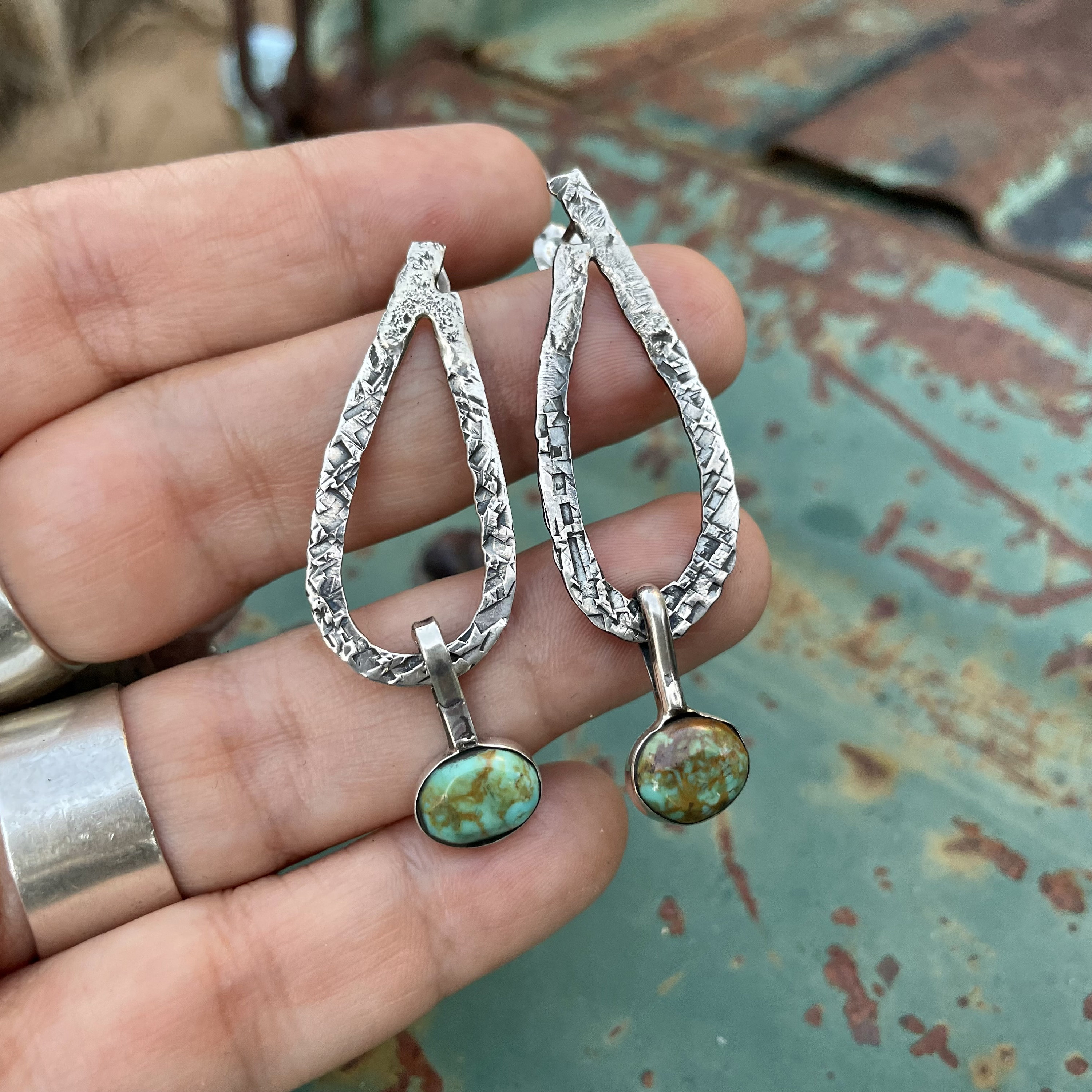 Hammered Sterling Silver Teardrop Post with Green Turquoise Drop, Light ...