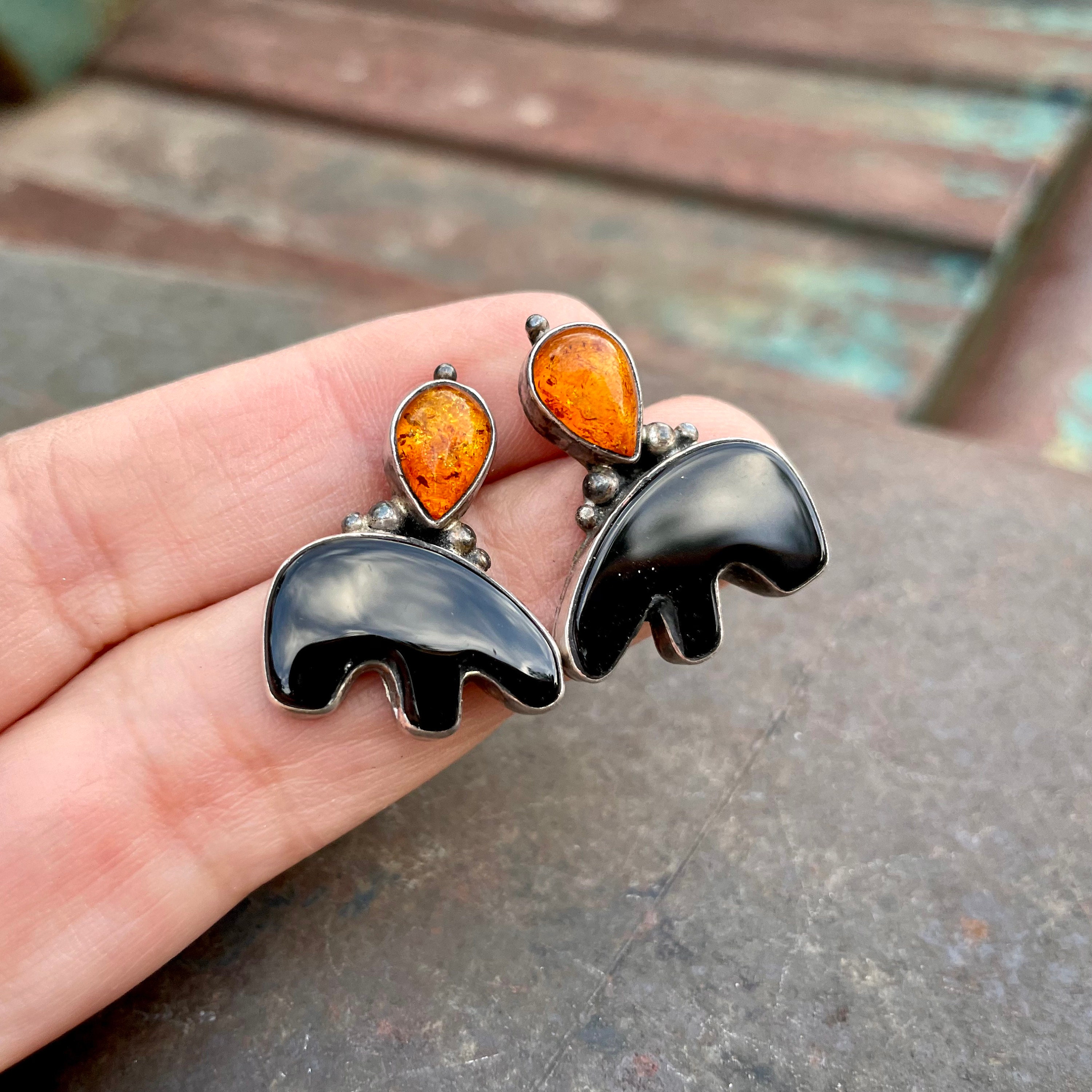 Vintage Black Onyx Bear Earrings w/ Bezel-Set Amber, 925 Sterling ...