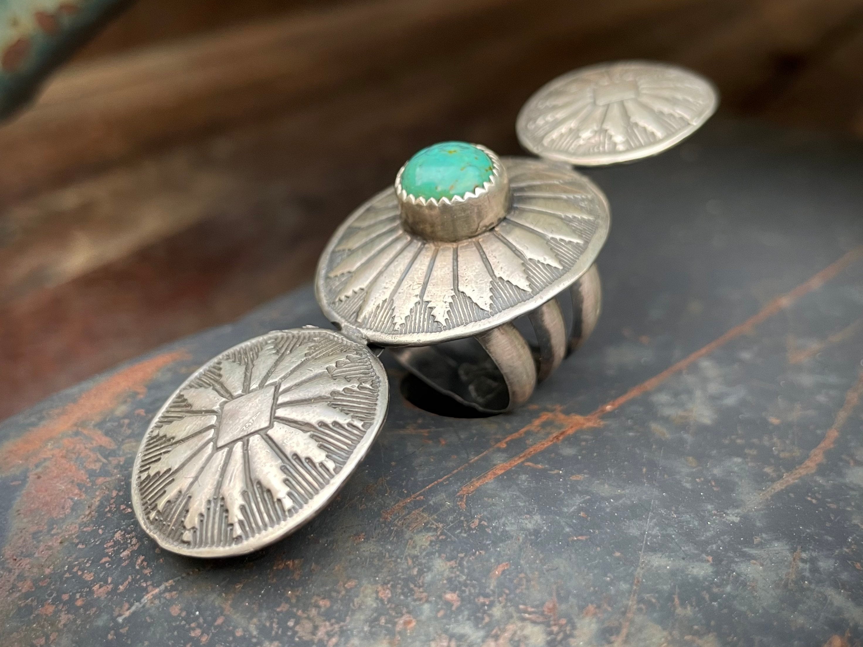 3-1/4 Long Sterling Silver Concho Ring with Turquoise Stone, Huge ...