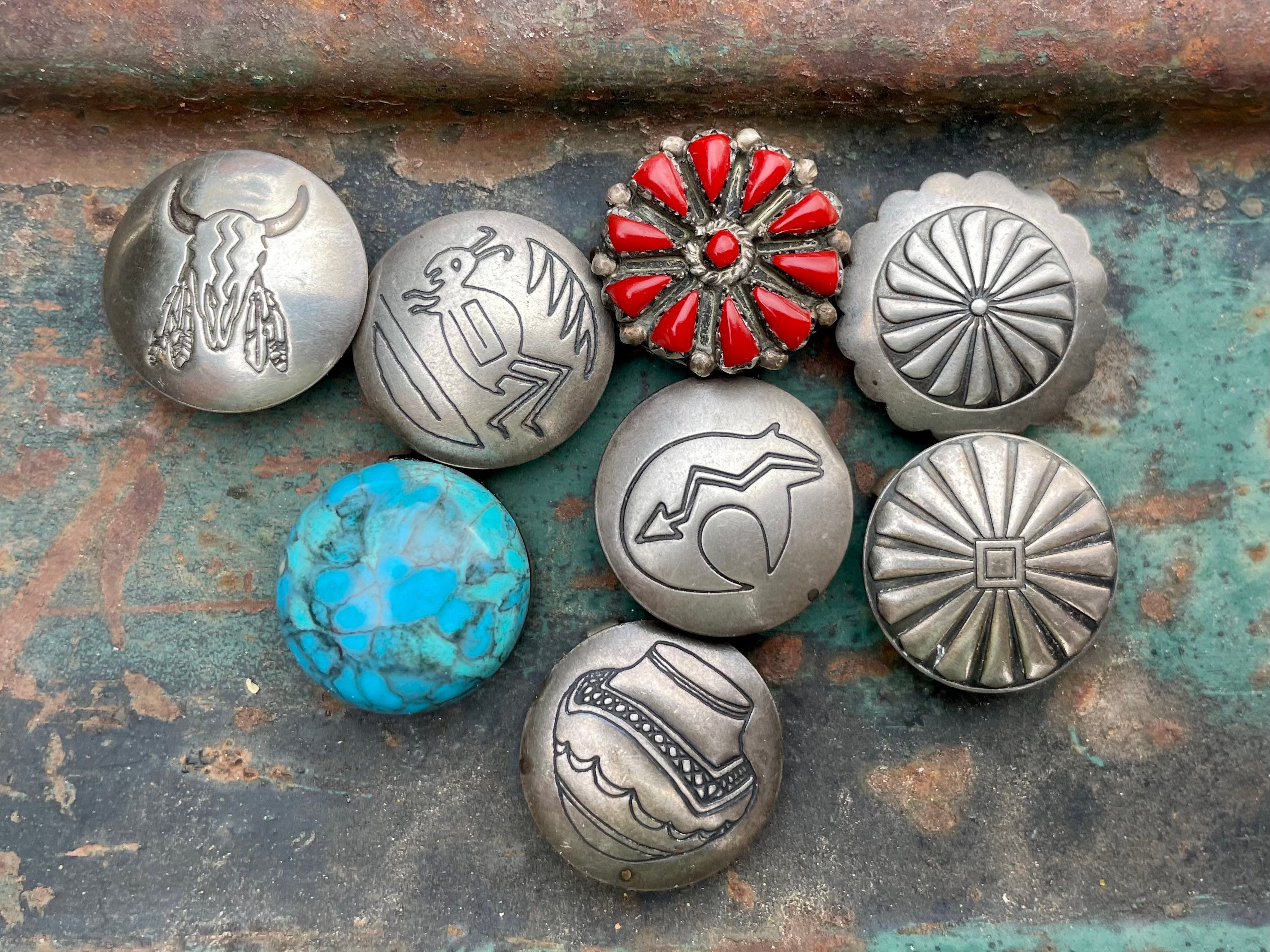 Eight Mismatched Silver Button Covers (One Zuni Coral), Native American ...