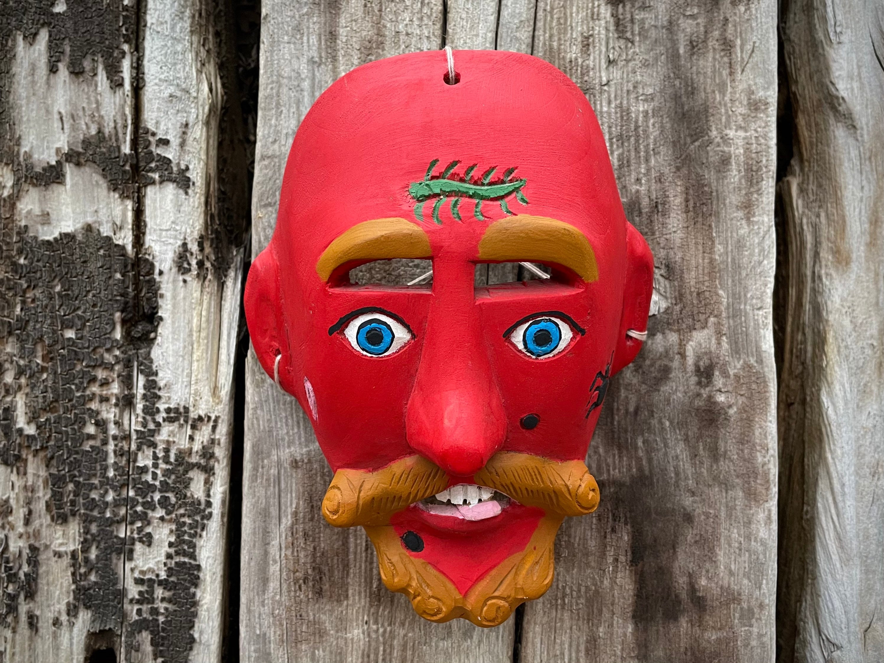 Carved and Painted Wood Mask Red Face Man Spider on Cheek, Peru ...