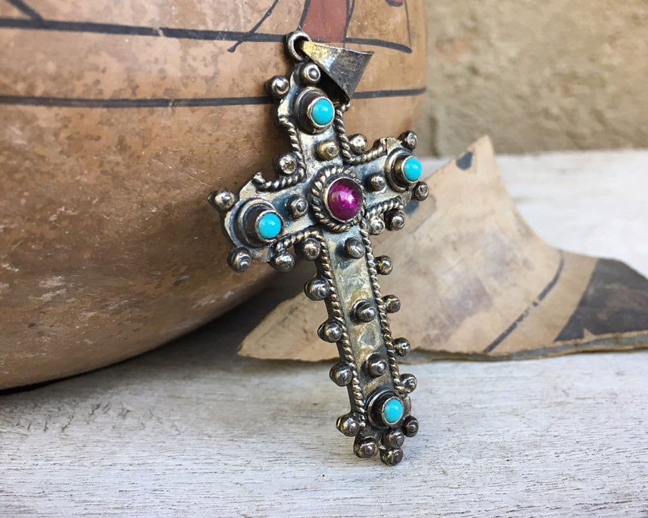 1940s Amethyst Turquoise 925 Silver Cross Pendant for Necklace Taxco ...