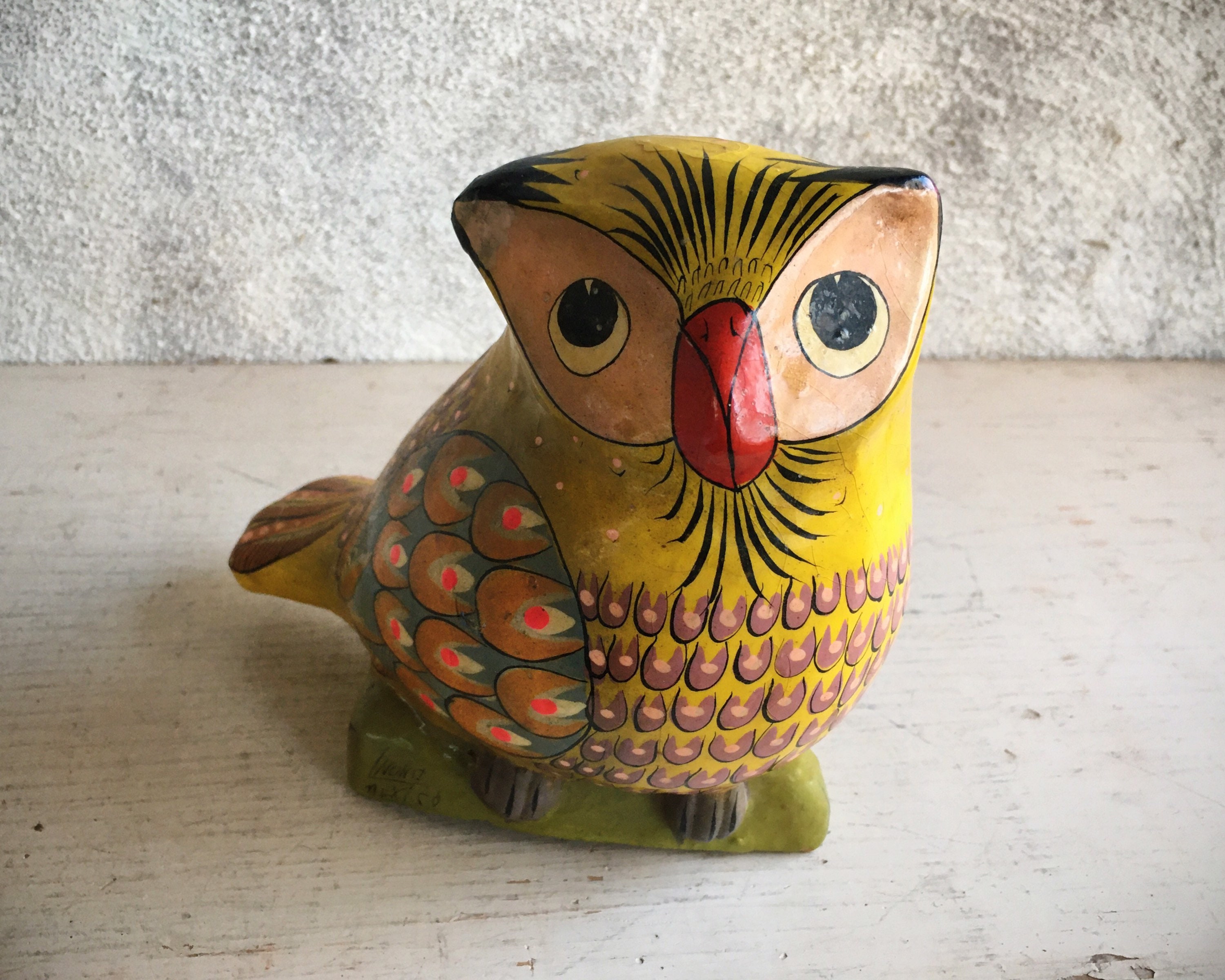 Yellow Paper Mache Owl from Tonala Mexico Folk Art, Give a Hoot Gift ...