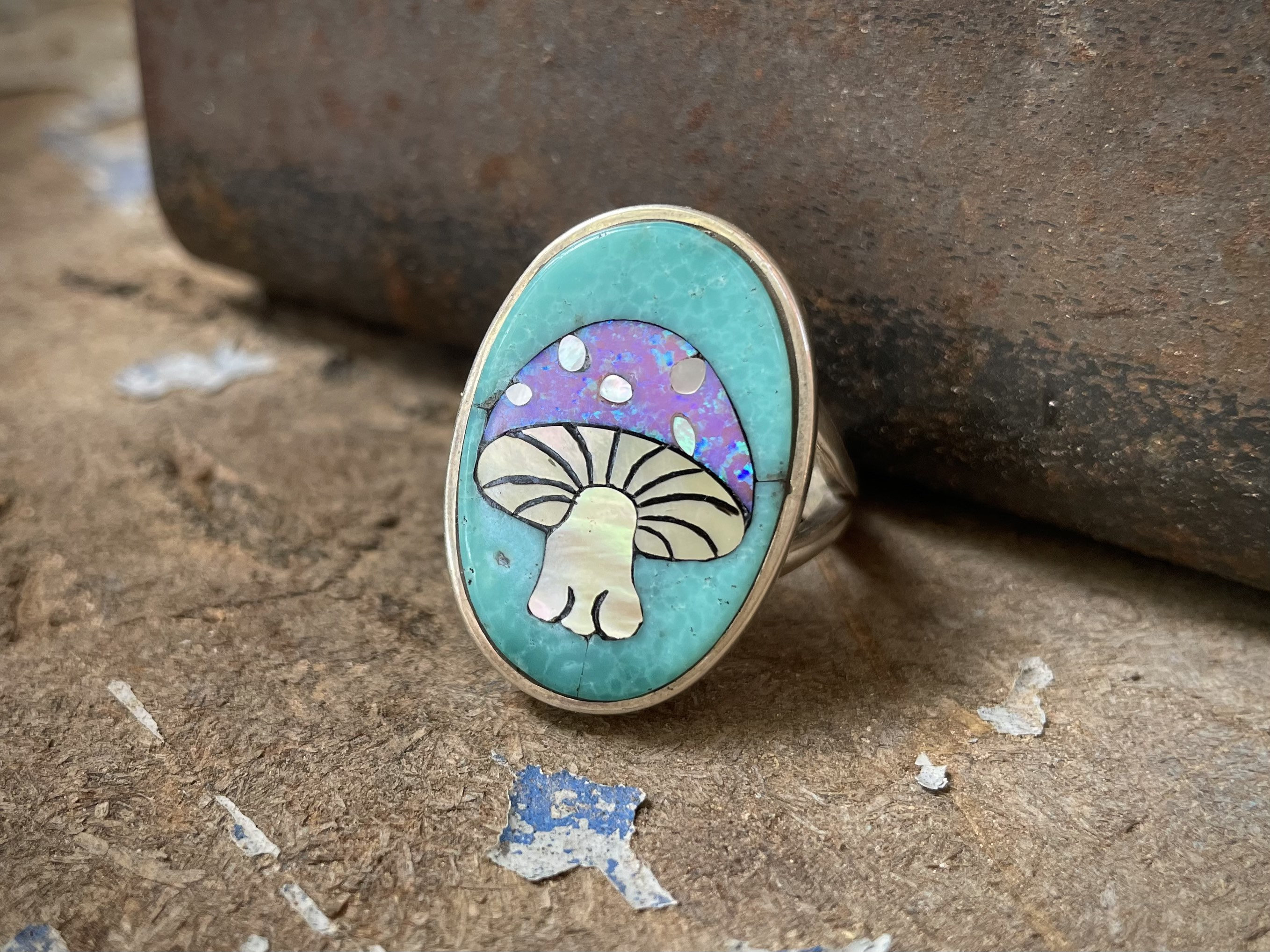 Size 10.5 Inlaid Sterling Silver Mushroom Ring w/ Turquoise Purple ...