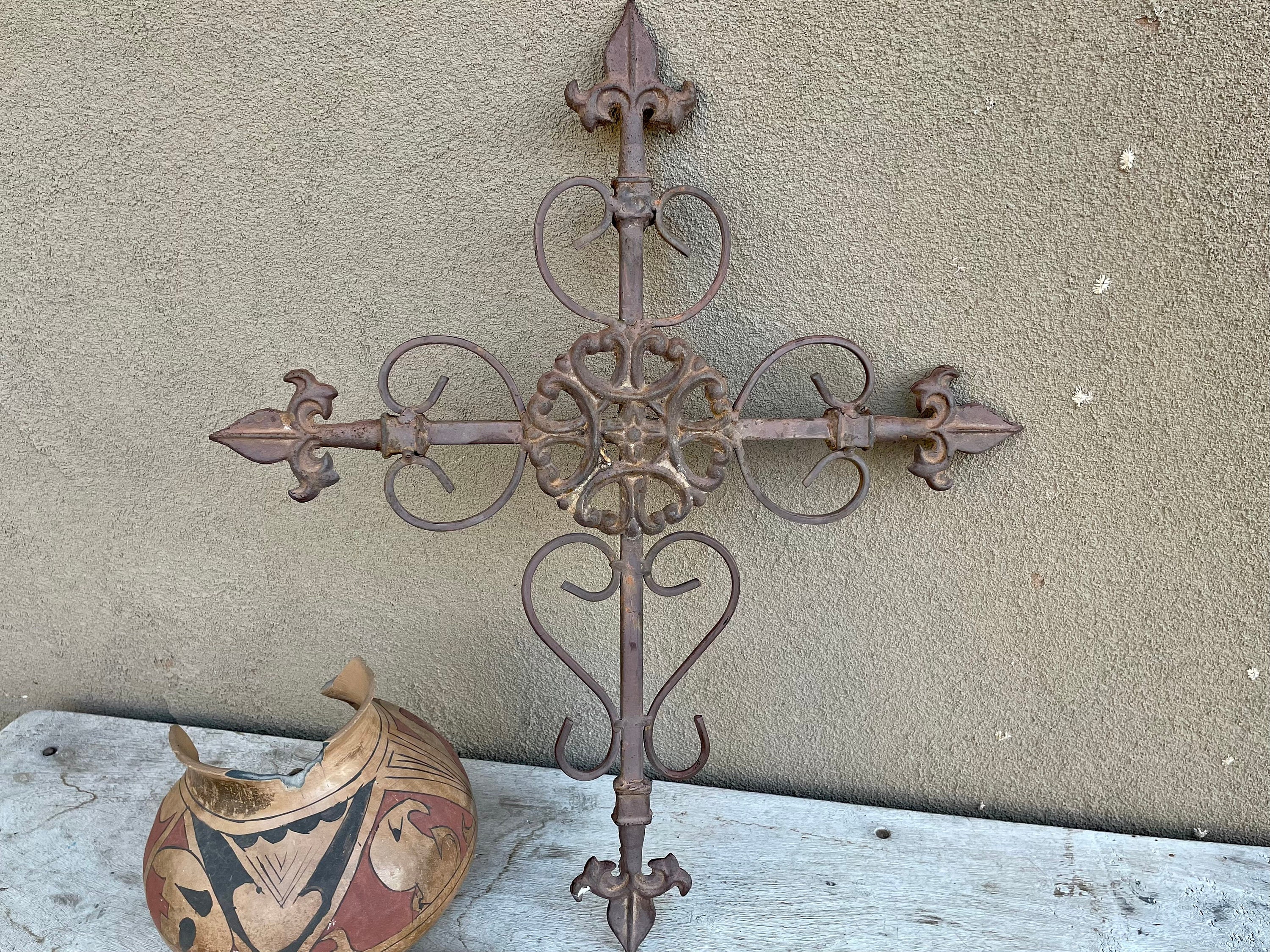 Vintage Large Rustic Metal Cross Wall Hanging Fleur de Lis, French ...