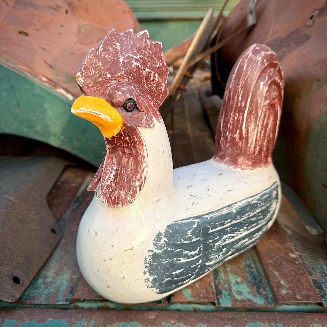 Heavy Wooden Sitting Rooster Statue White Indonesian Folk Art ...