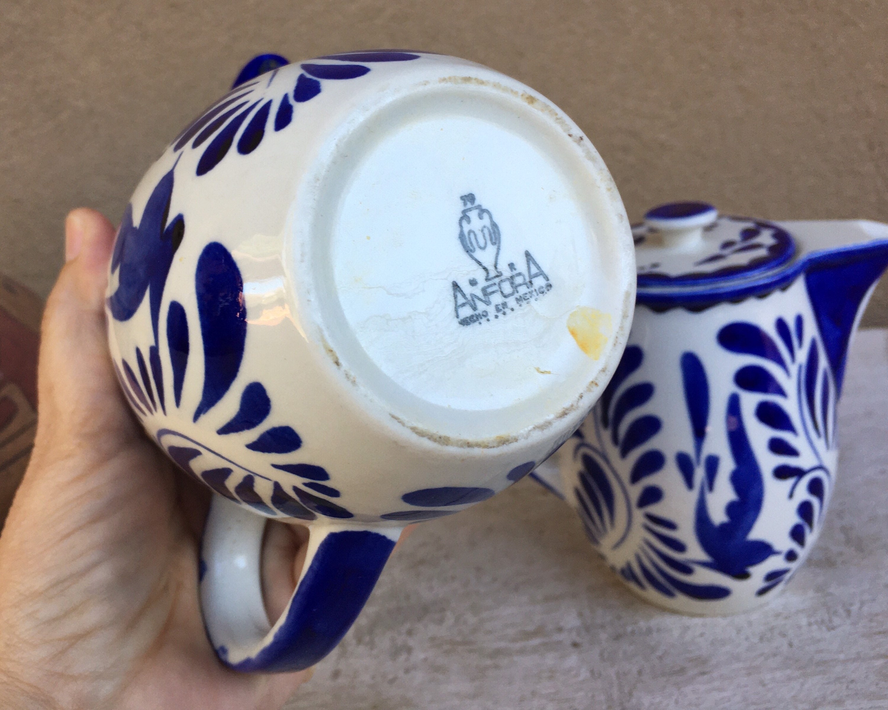 Two Mexican Anfora Puebla Blue Lidded Pitcher Creamers, Blue and White ...