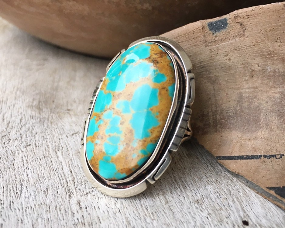 Large Oval Navajo Turquoise Ring for Women or Men Size 8, Native ...