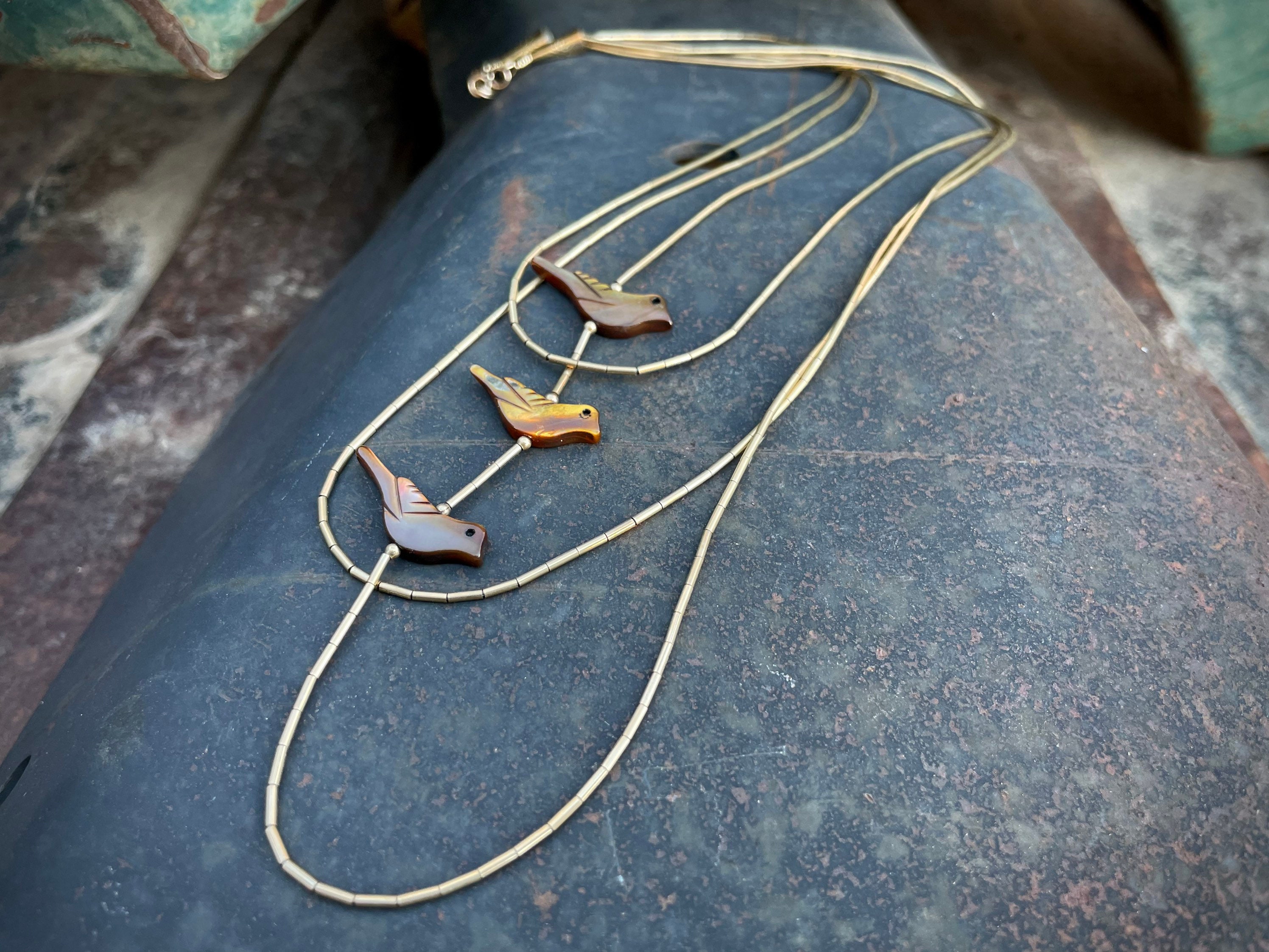 Vintage Carved Shell Bird Fetish with Liquid Gold Bead Necklace for ...