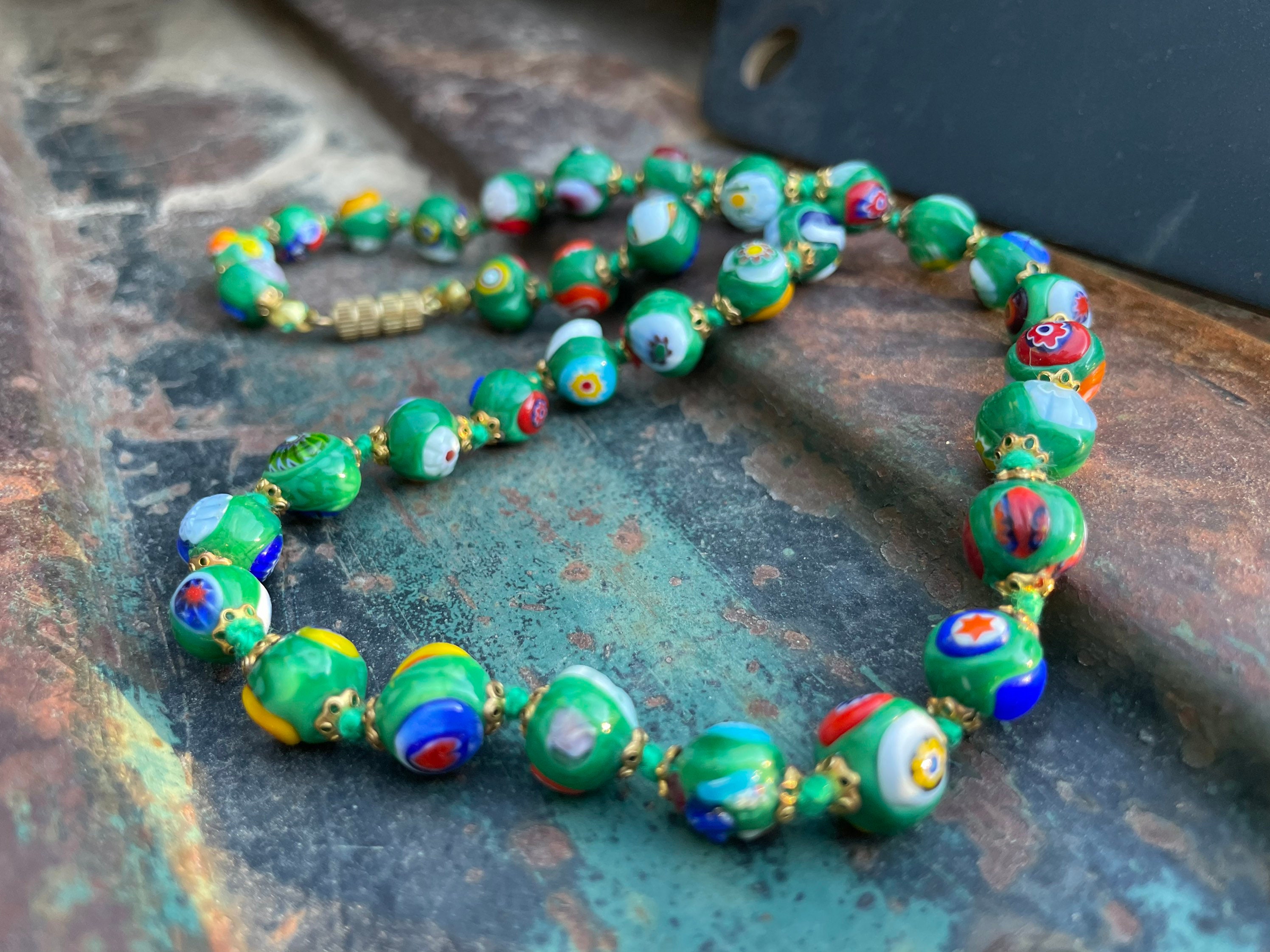 Vintage Italian Millefiori Glass Bead Necklace 17 Hand Knotted, Gold ...