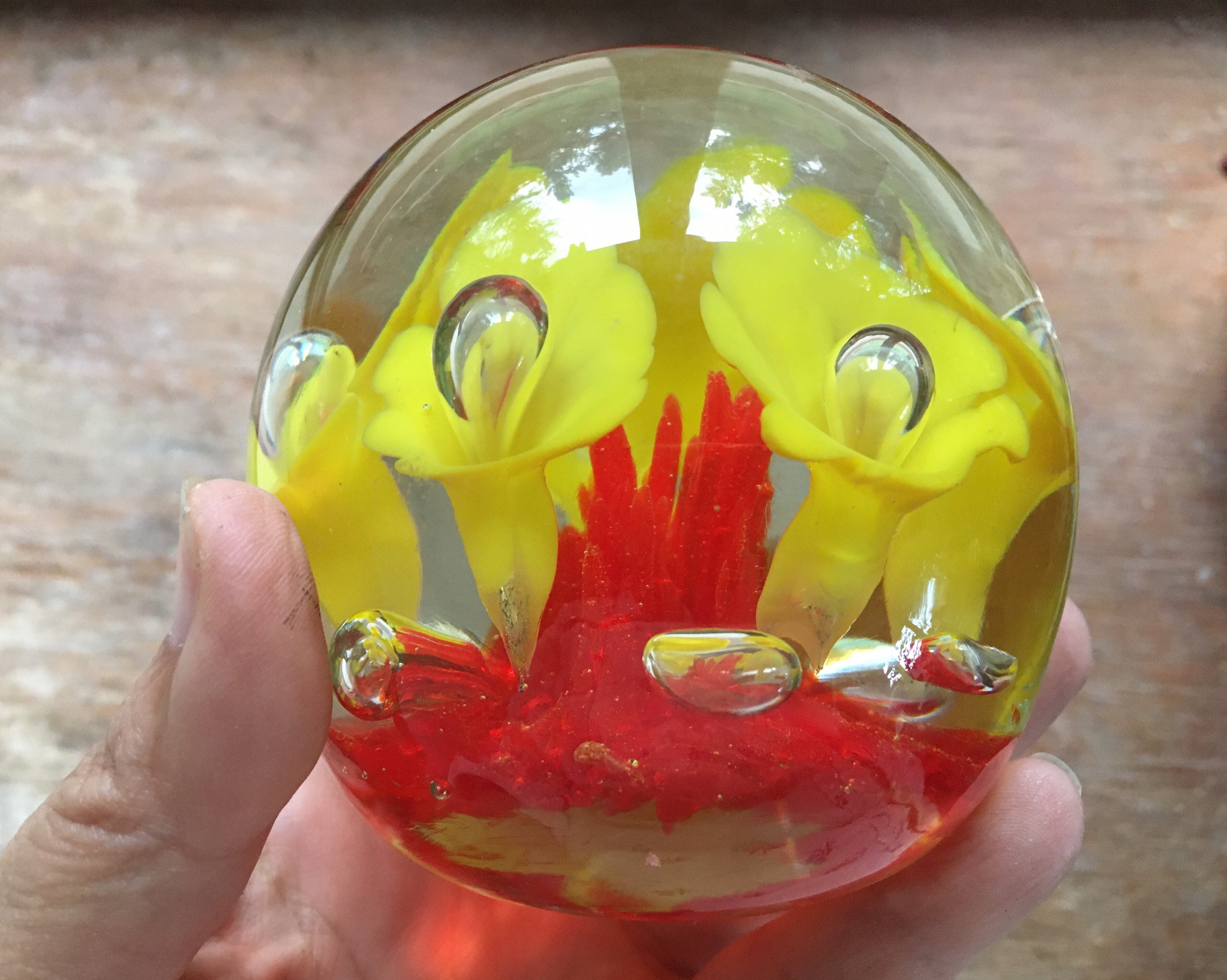 Vintage St. Clair Art Glass Paperweight Yellow Flower Orange Background ...
