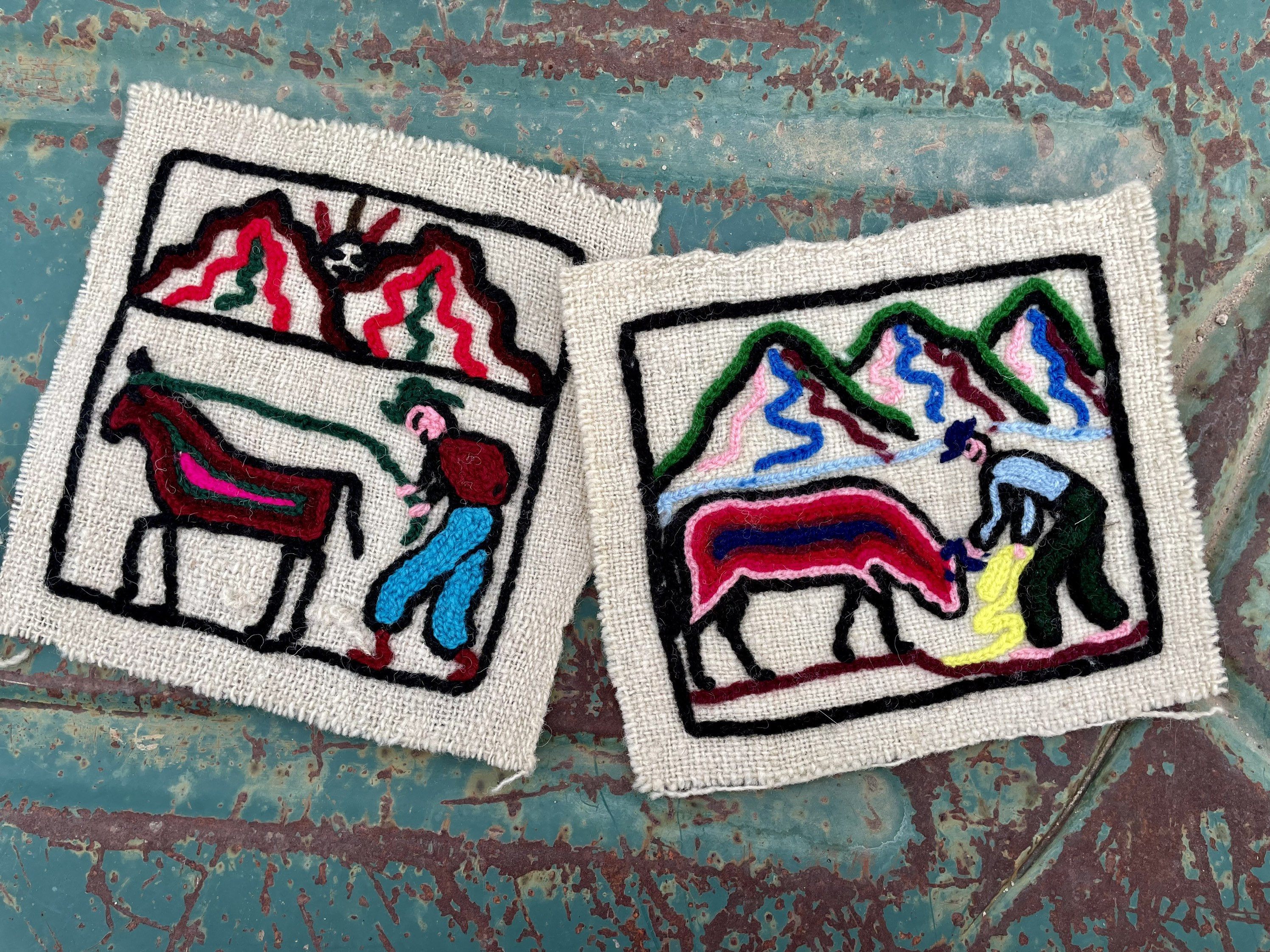 Two Vintage Small Embroidery Achaichis on Wool from Chijnaya Peru, Yarn ...