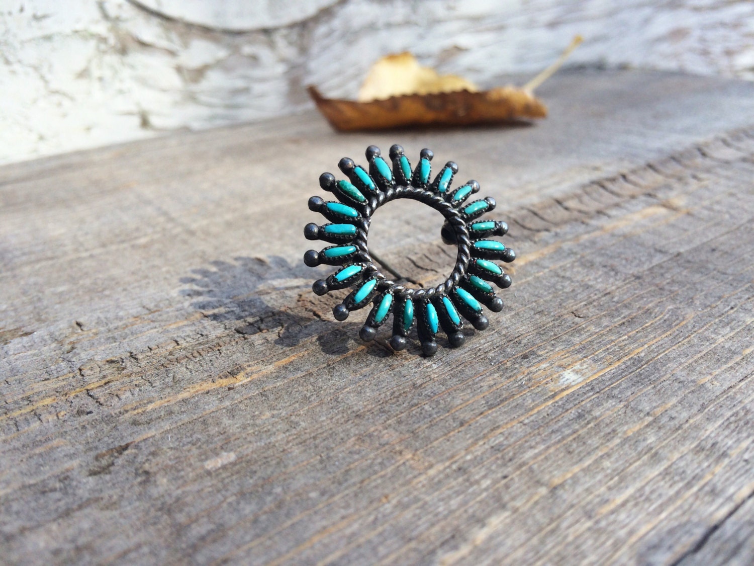 Vintage Zuni needlepoint circle brooch, silver turquoise pin, Native ...