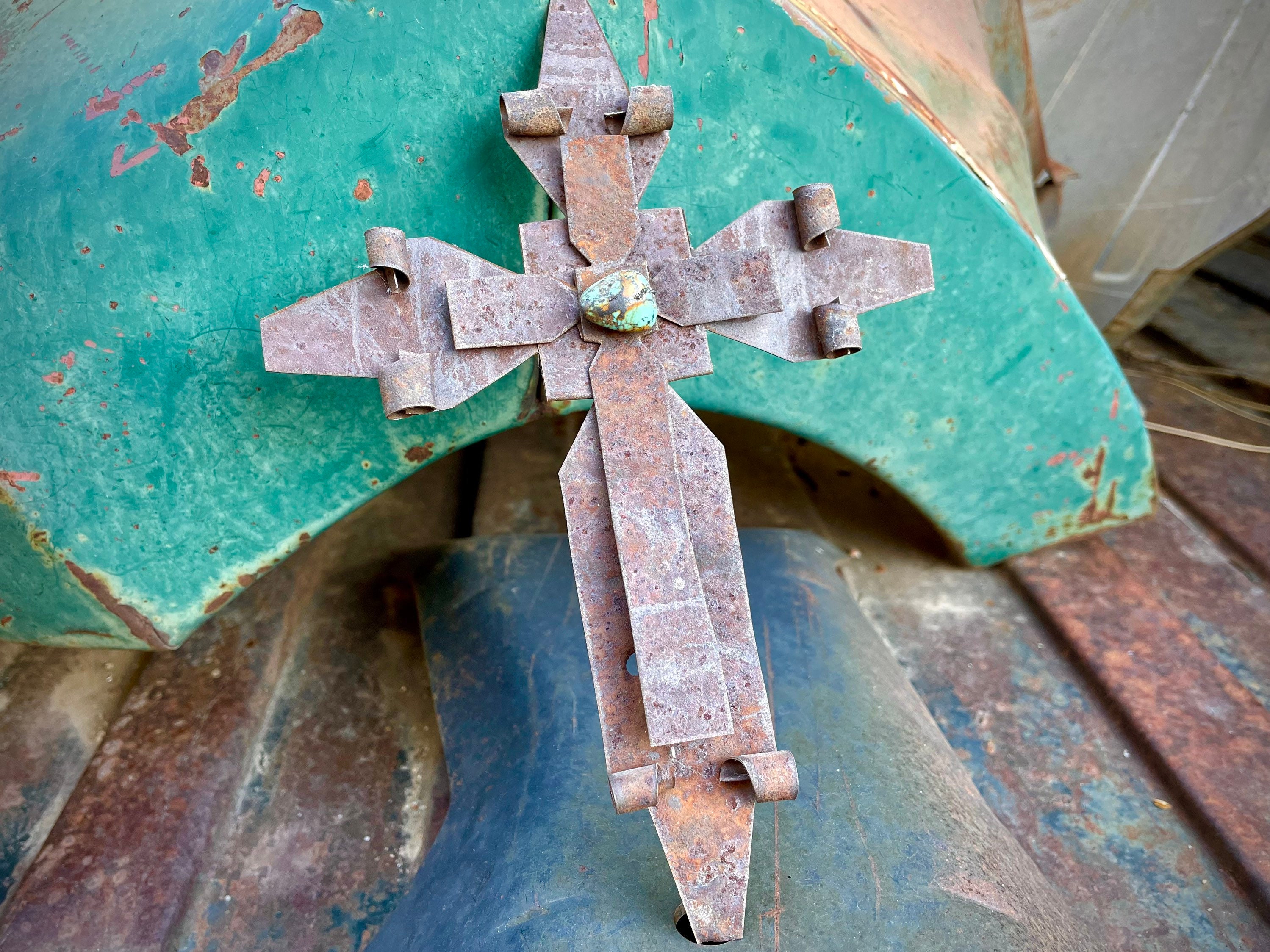 Vintage Old Rusty Tin Cross 8 Tall with Turquoise Stone, Made of ...