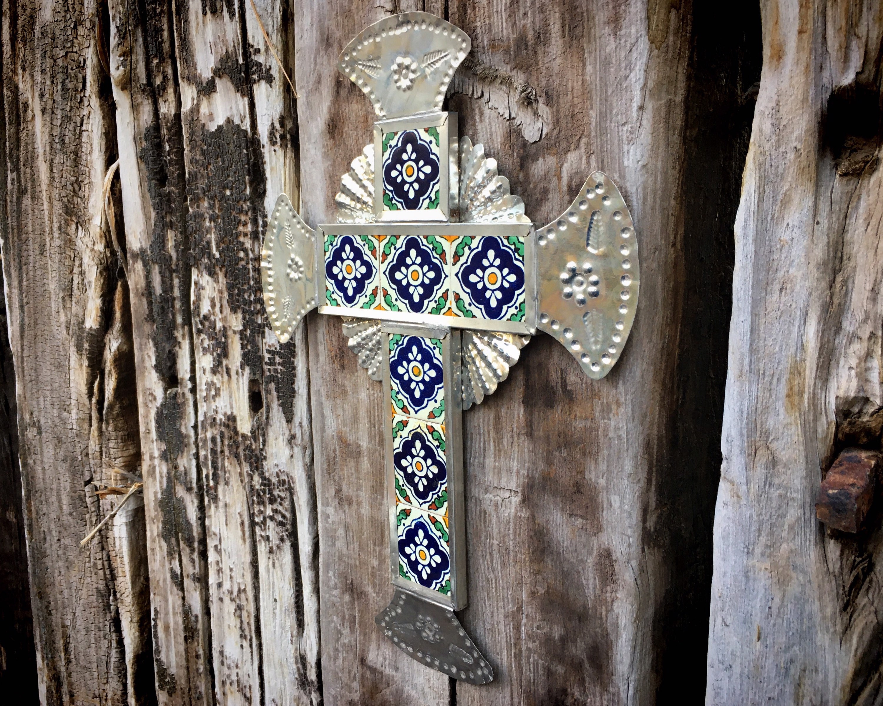 10 x 14 Ceramic Tile and Distressed Metal Cross Wall Hanging, Mexican ...
