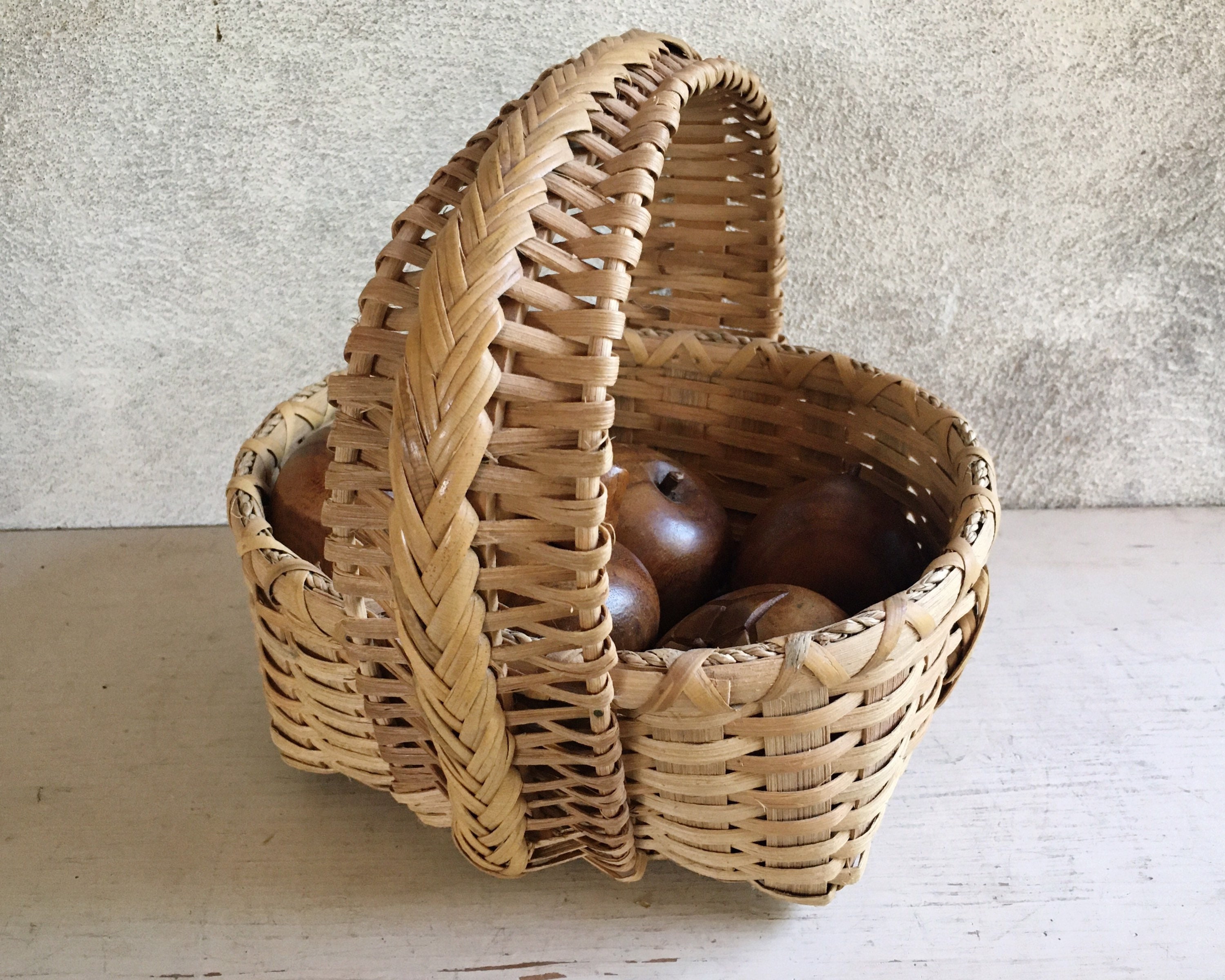 Vintage Woven Gathering Basket with Braided Handle, Farmhouse Decor ...