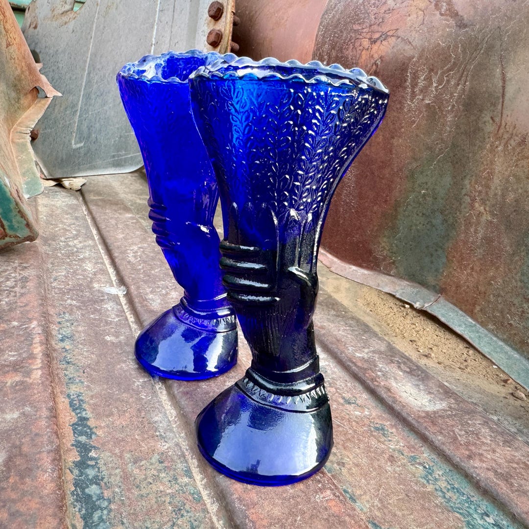 Pair Vintage Blue Art Glass Hand Bud Vases, Petite Size, French Cottage ...