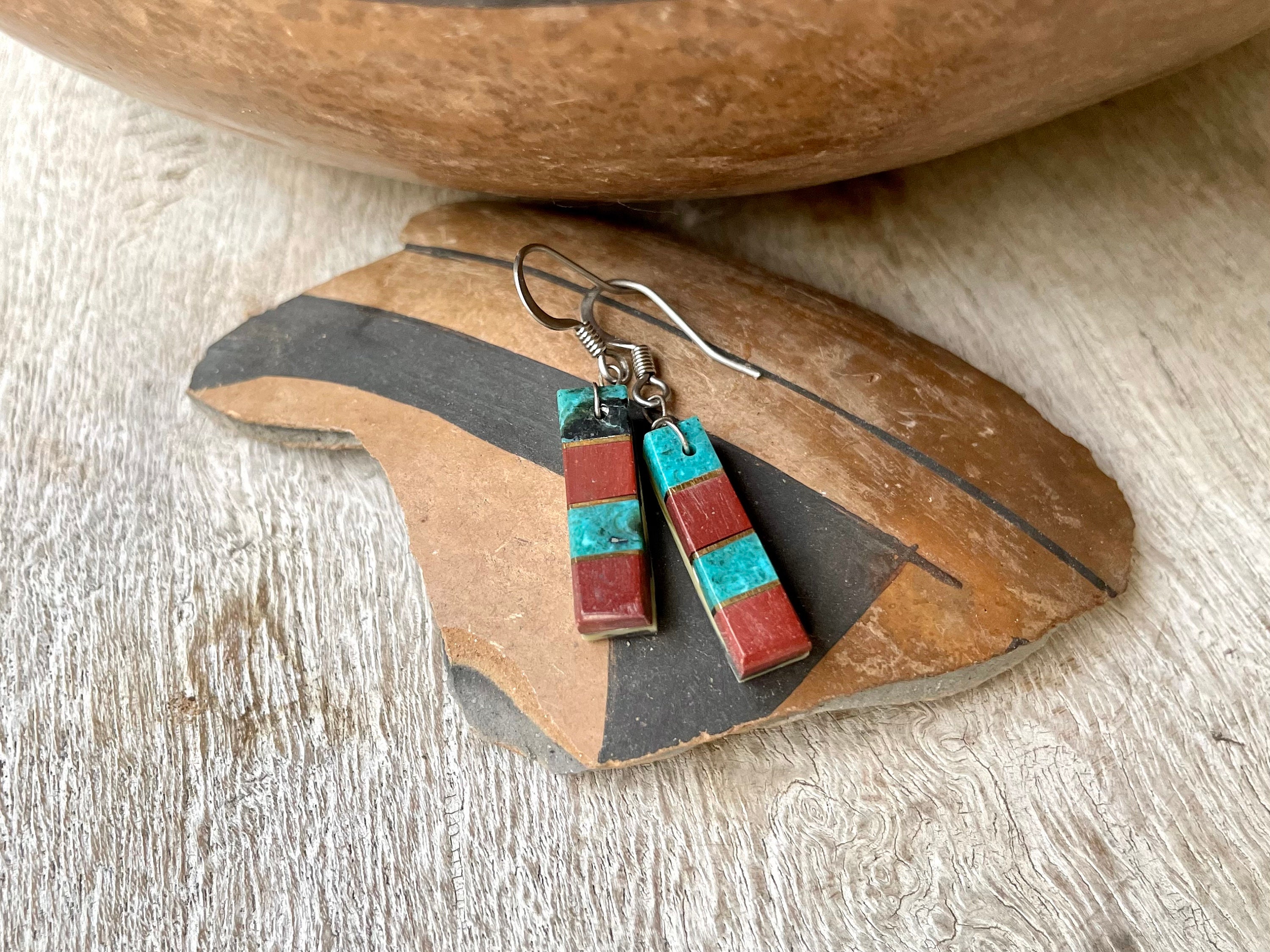 Small Vintage Turquoise and Pipestone Inlay Earrings, Santo Domingo ...