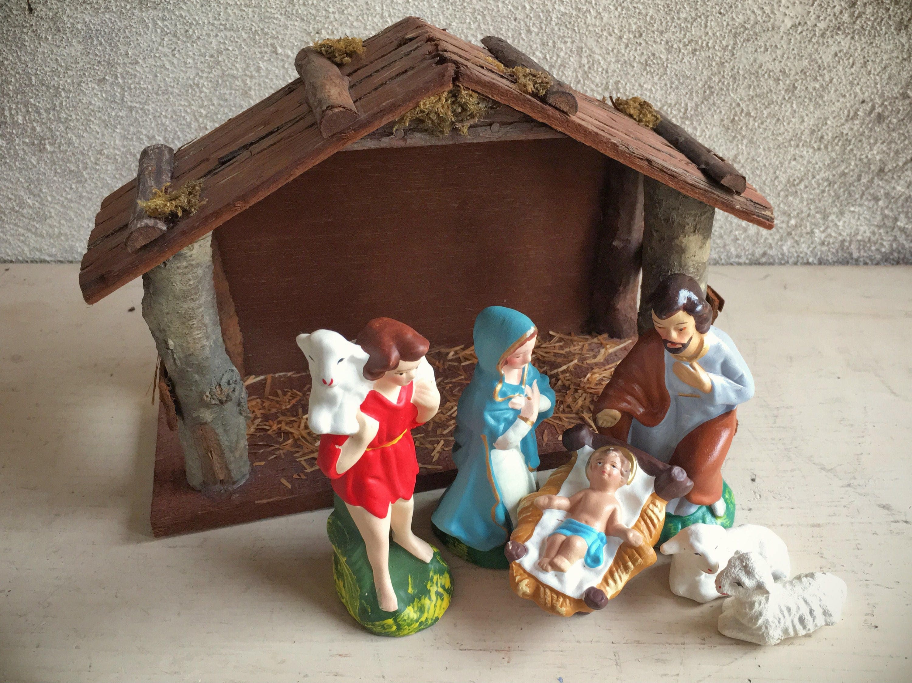 Vintage Nativity Set with Manger or Stable, Nativity Scene Christmas ...