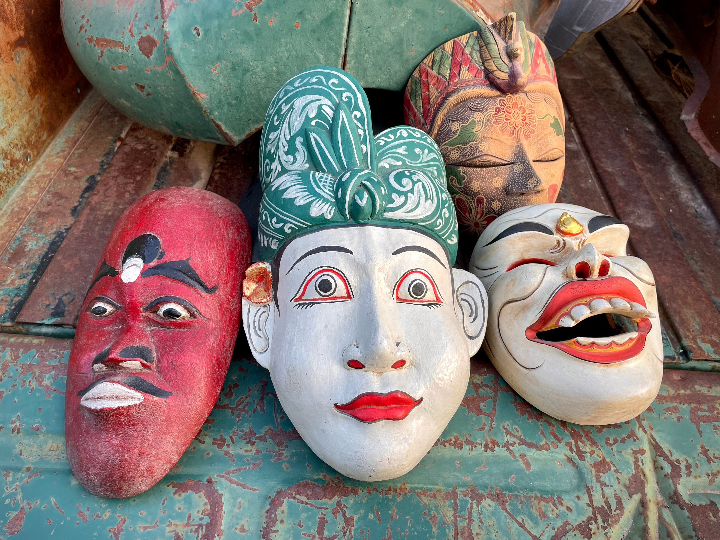 Vintage Red Painted Carved Light Wood Mask Wall Hanging, Tribal Folk ...