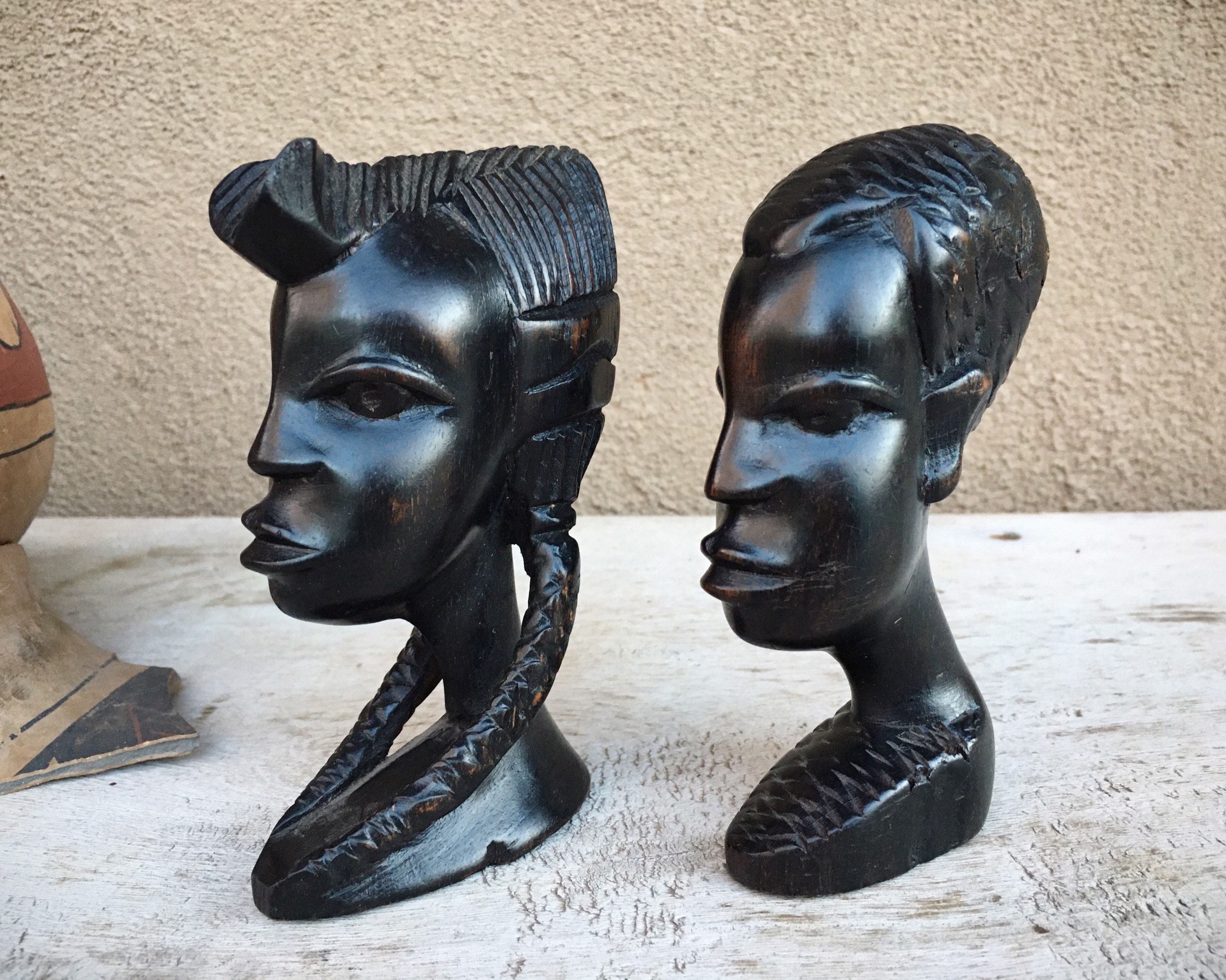 Pair of 5 Carved Ebony Wood Busts Heads Girl and Boy, Male and Female ...