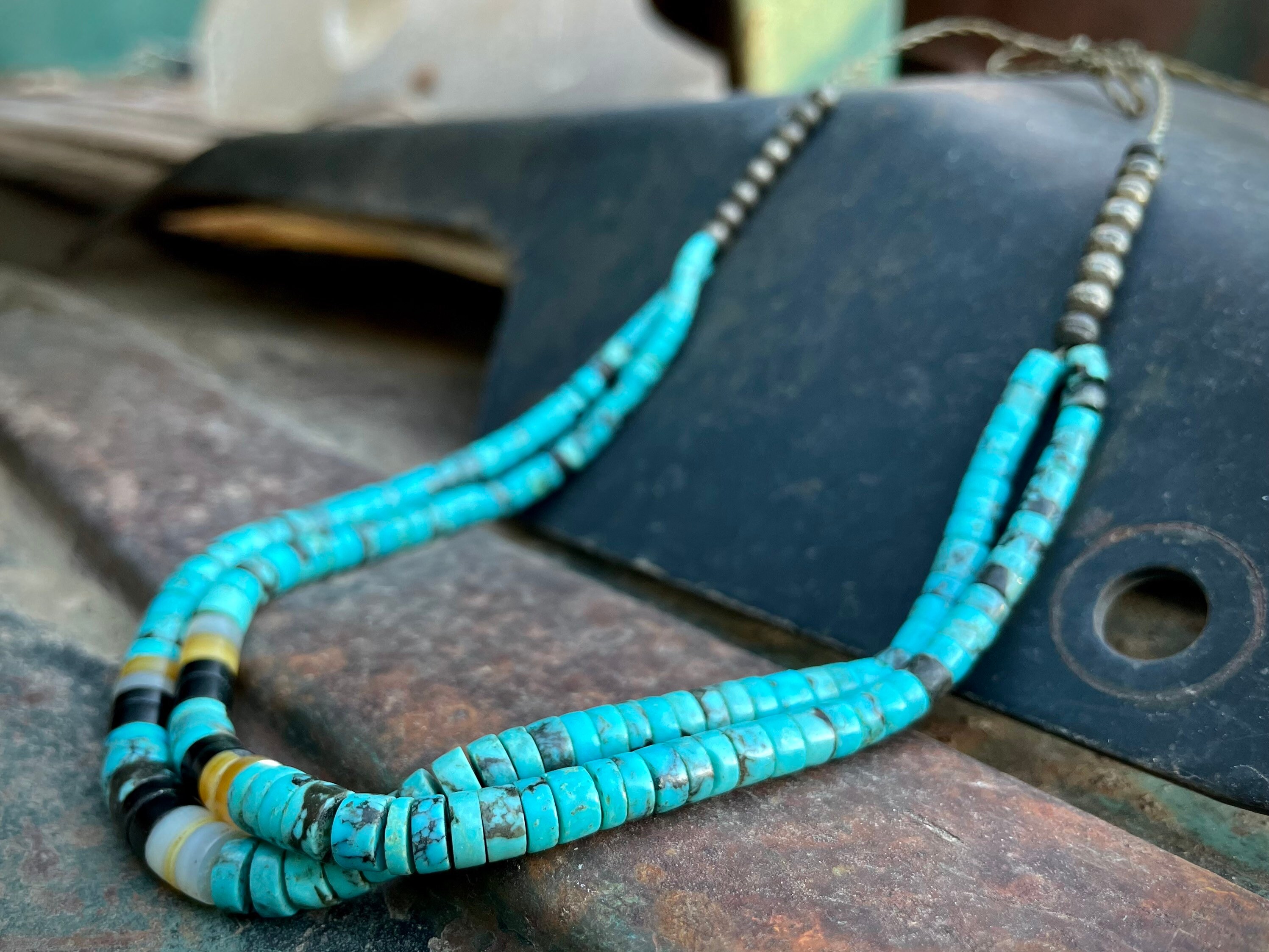 1960s Turquoise Disc Heishi with Black Onyx and Shell Two Strand ...