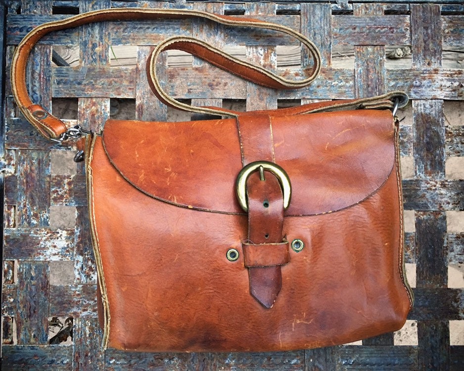 Vintage Small Satchel Distressed Leather Purse Boho Hippie 1970s ...
