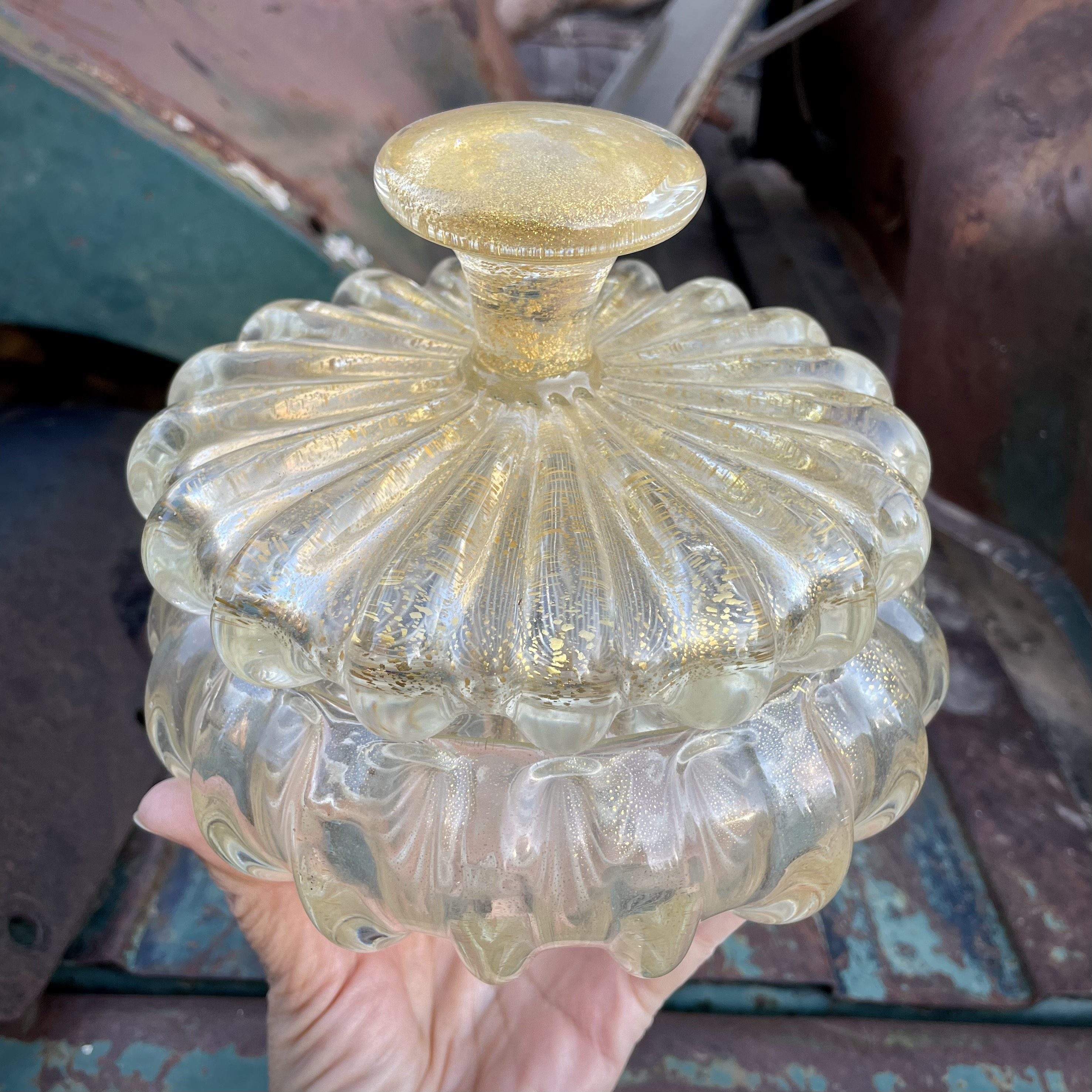 Vintage Murano Bullicante Gold Fleck Lidded Art Glass Powder Box ...