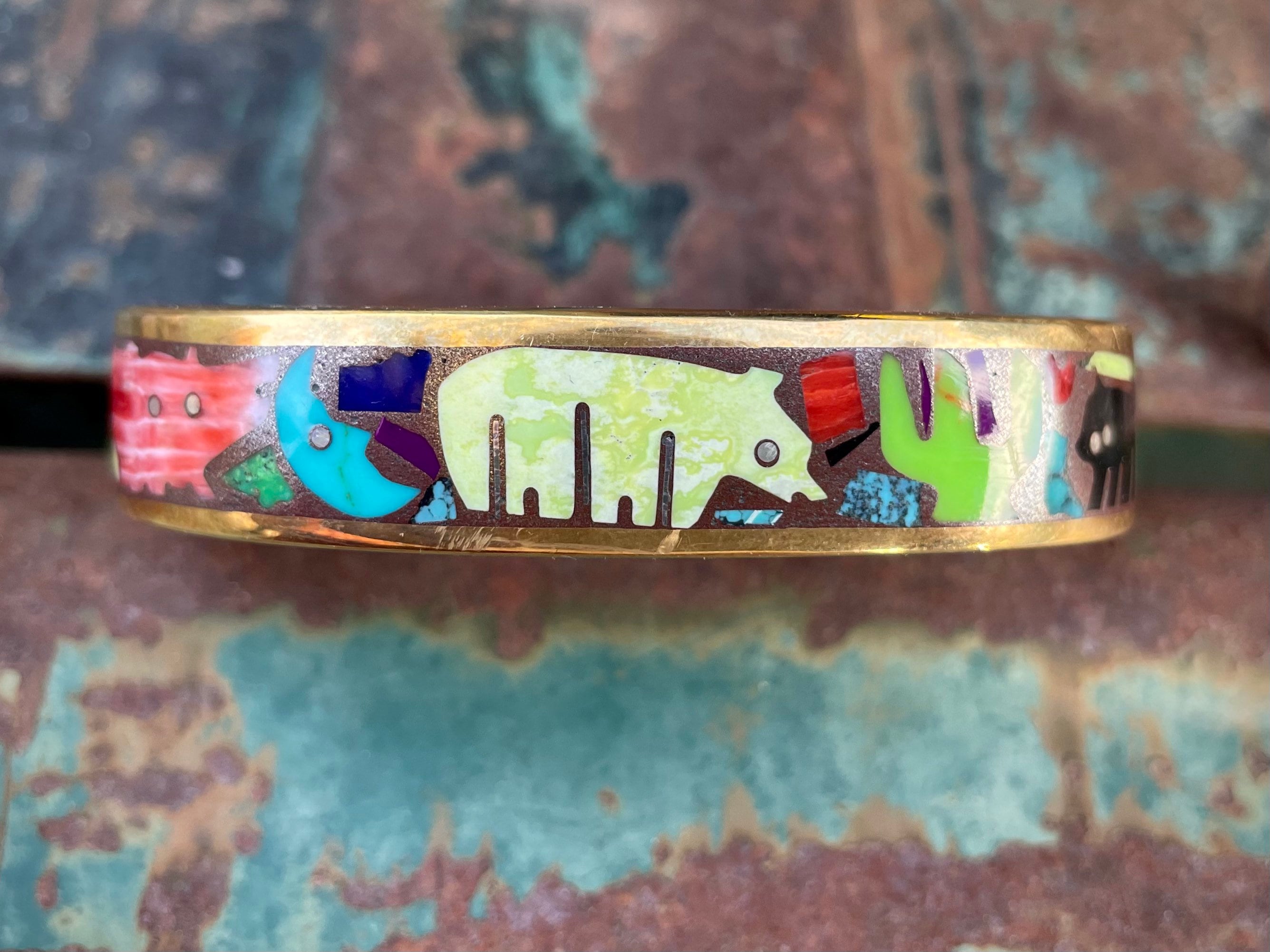 36g Multi-Stone Channel Inlay Bronze Cuff Bracelet w/ Polar Bear Black ...