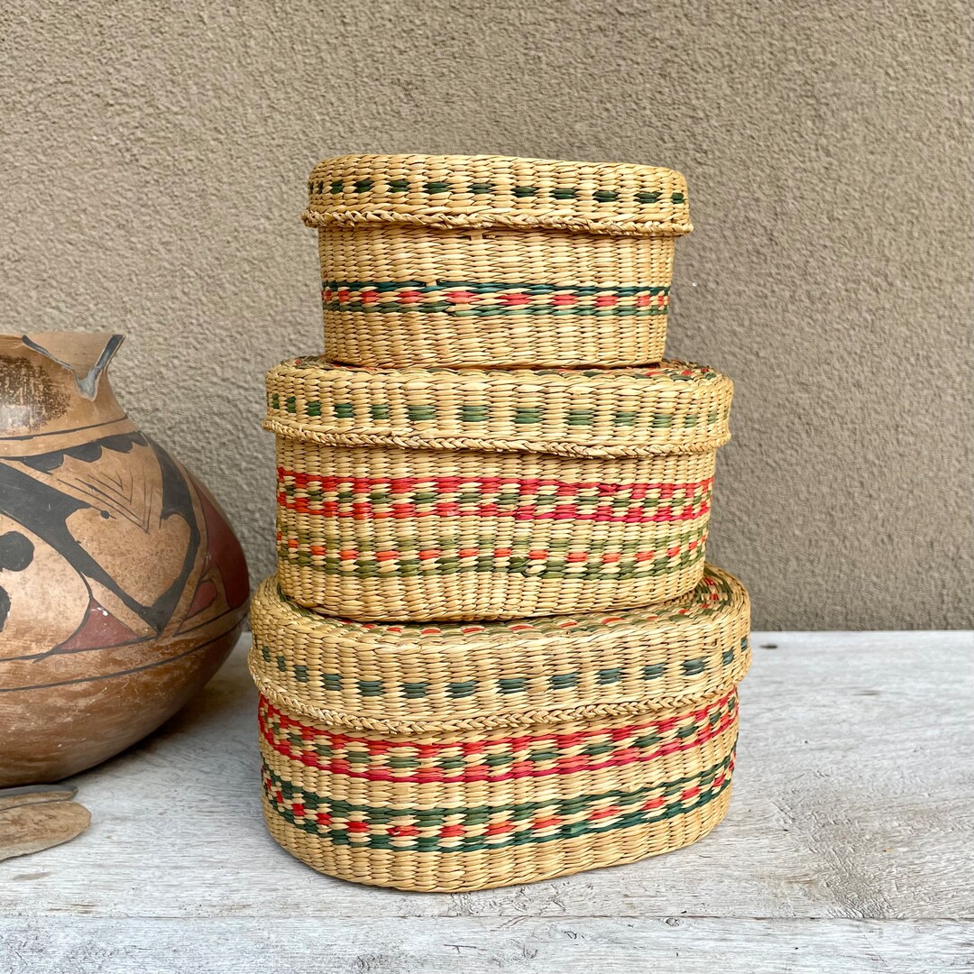 Three Oval Nested Woven Sweetgrass Baskets With Lids, Bohemian Decor ...