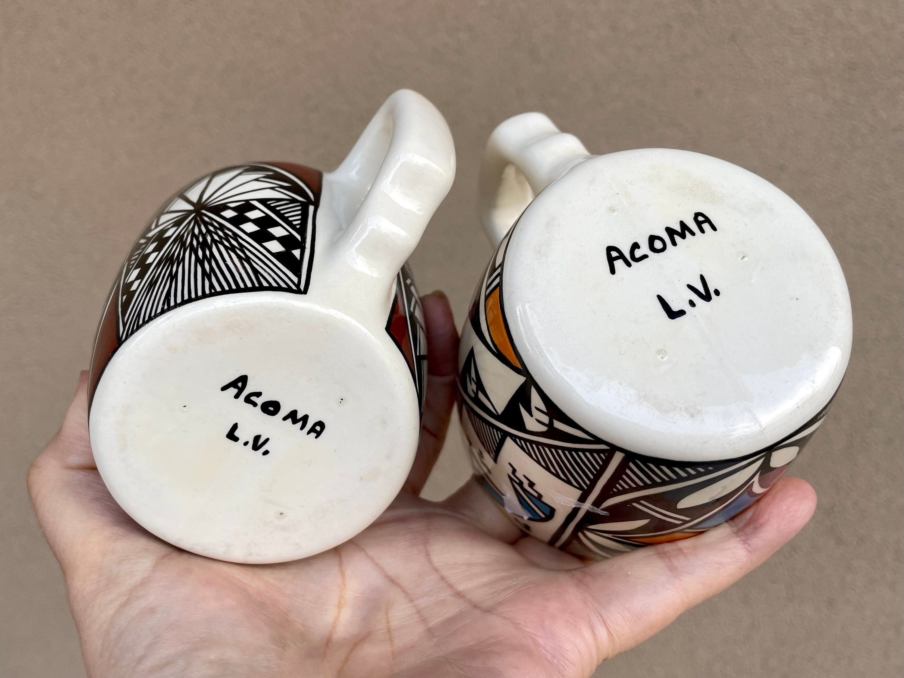 Two Vintage Acoma Pueblo Mugs by Laura Vallo, Poured Mold Pottery ...