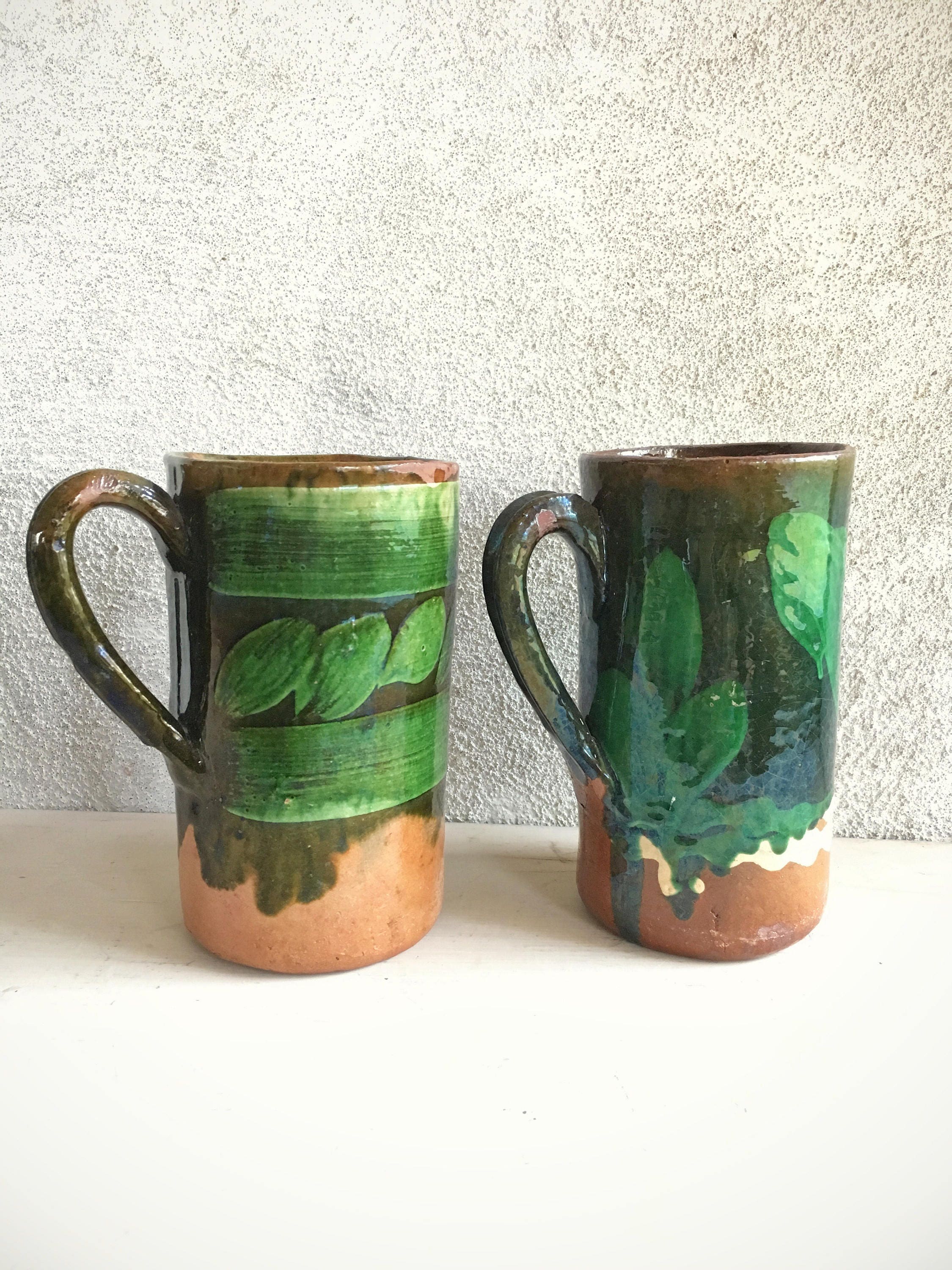 1940s Mexican pottery green glaze mugs Tlaquepaque redware folk art ...