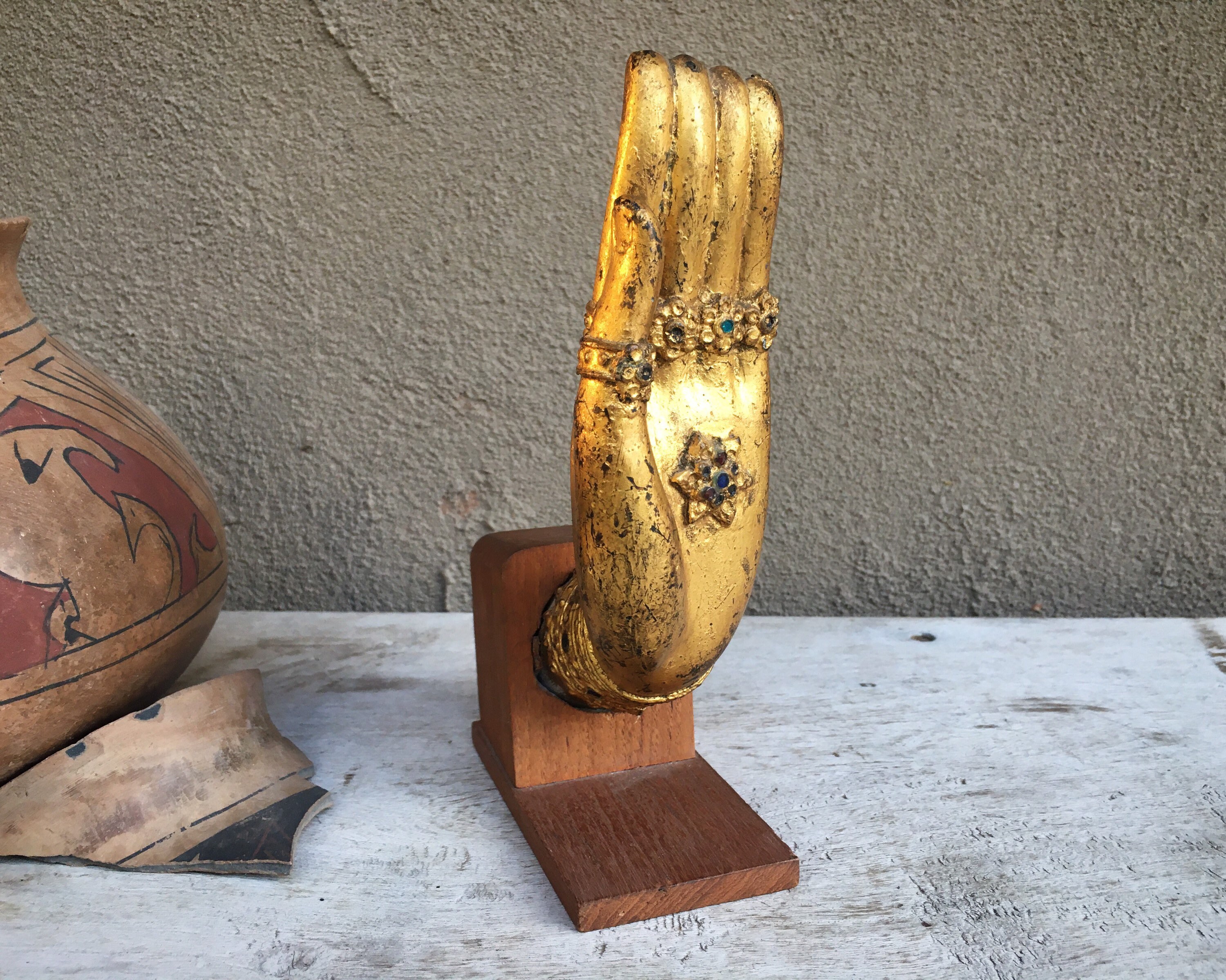 Cast Metal Hand Statue Gilt and Bejeweled Mounted on Hardwood Stand ...