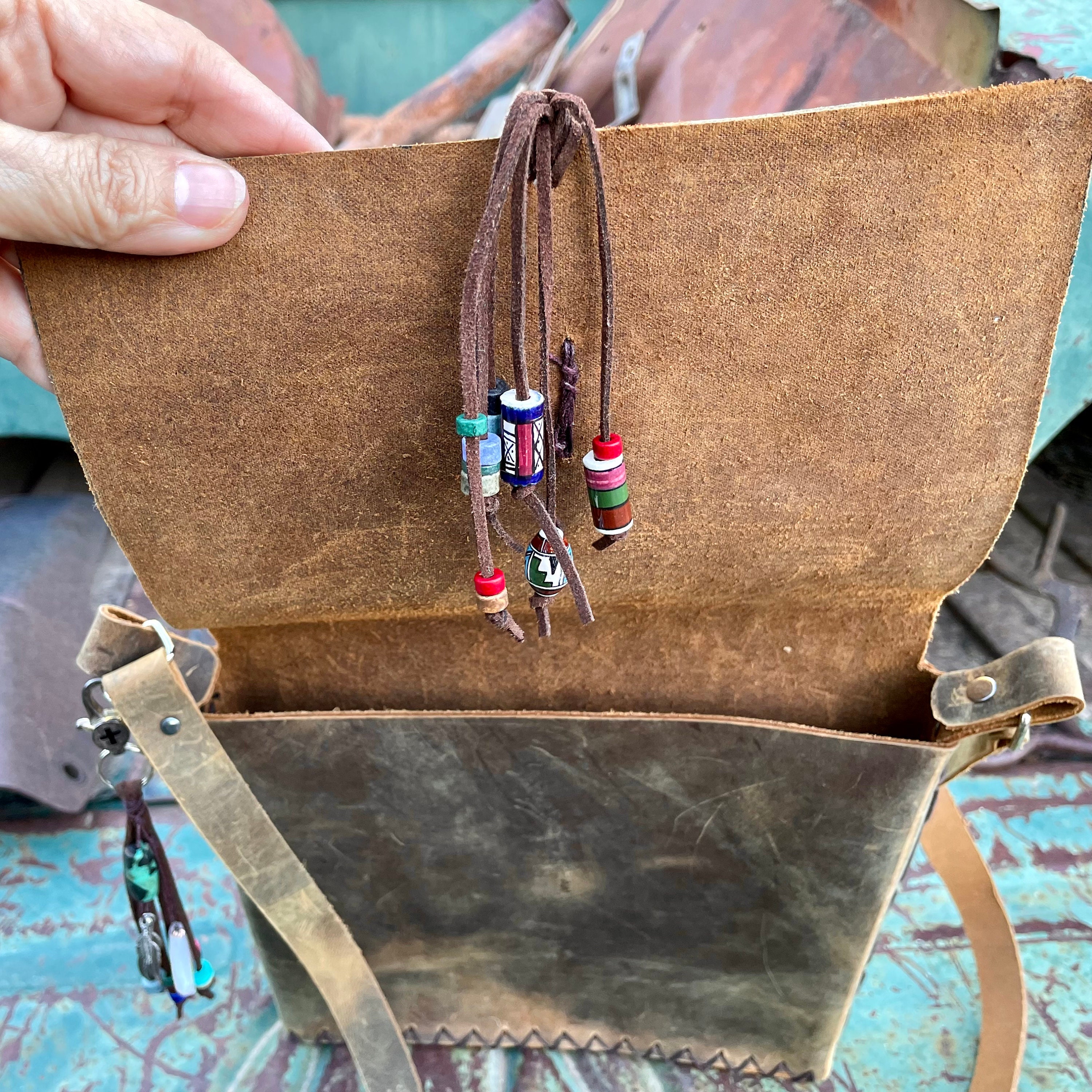 Sturdy Brown Leather Purse w/ Turquoise Stone Accent, Fold-Over Closure ...