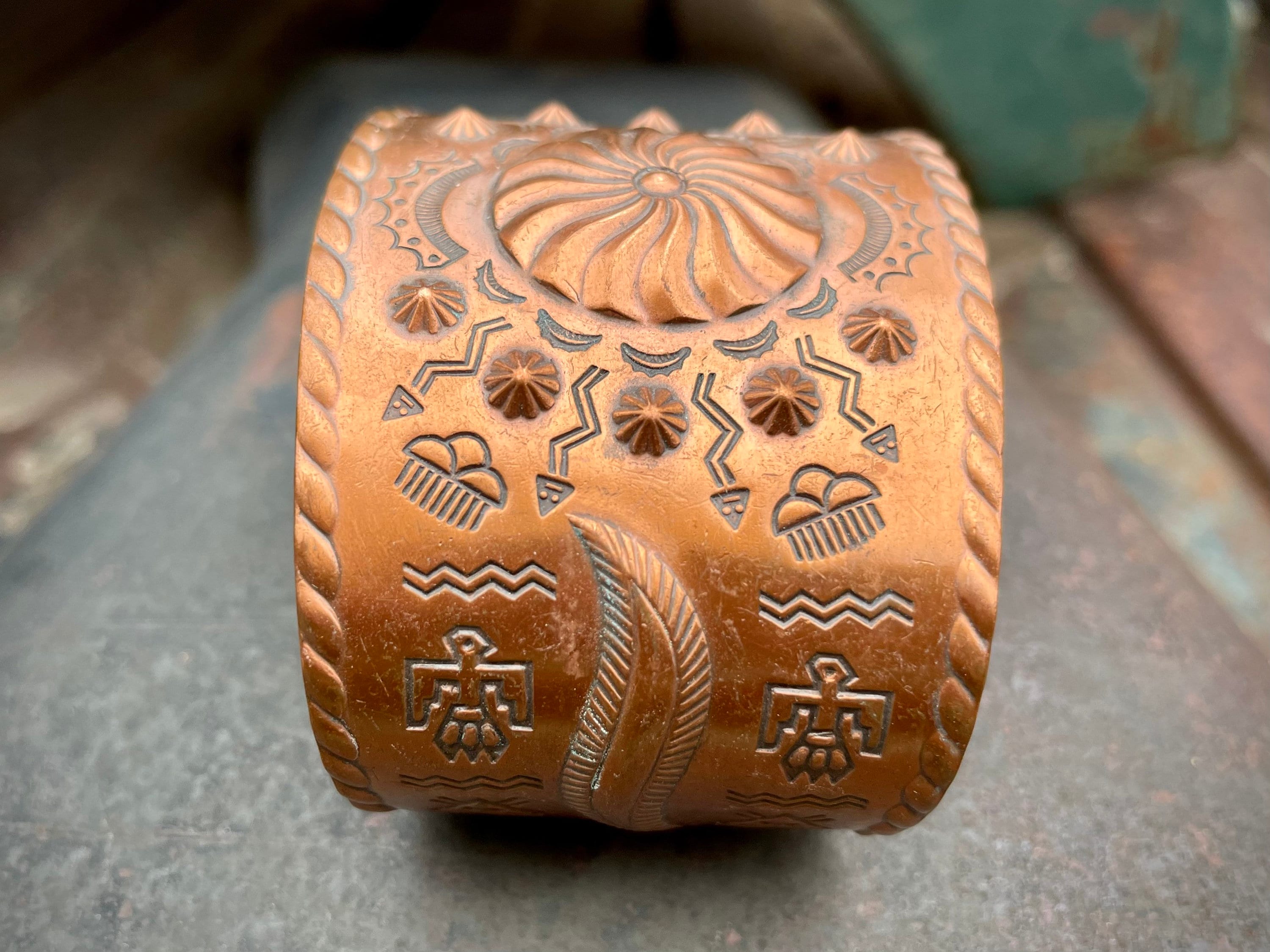 Vintage Bell Trading Stamped Copper Bracelet w/ Fred Harvey Era Symbols ...