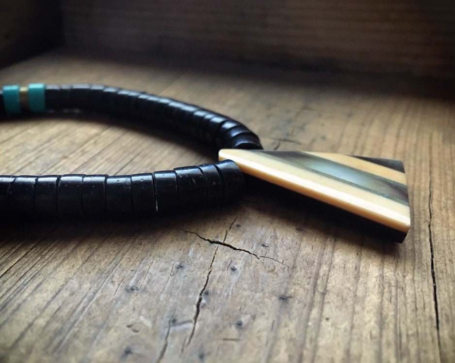 1970s Channel Inlay Bone and Abalone Pendant and Dark Shell Heishi ...