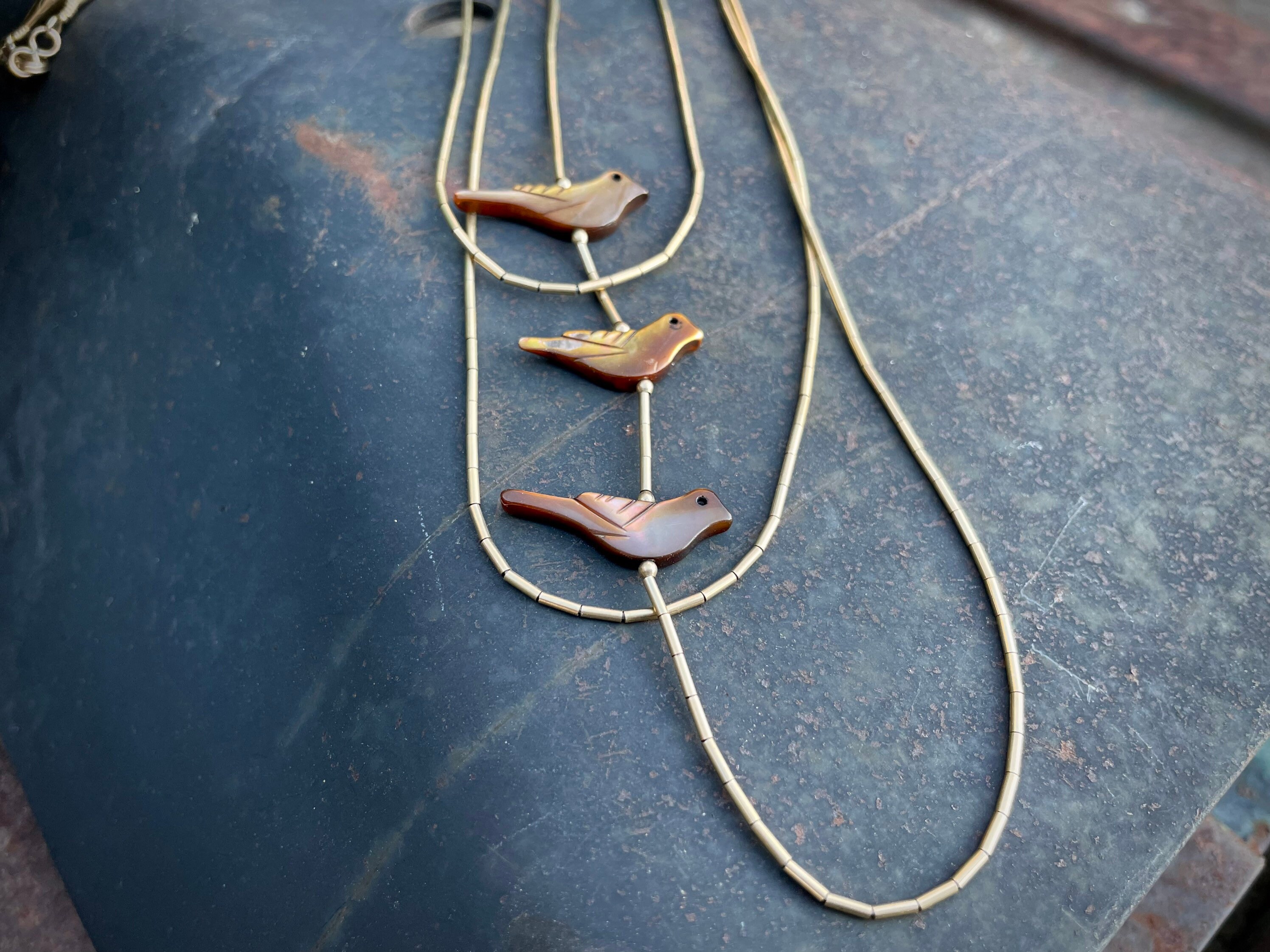 Vintage Carved Shell Bird Fetish with Liquid Gold Bead Necklace for ...