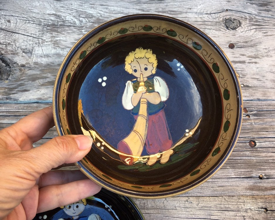 Two Vintage Kohler Biel Handarbeit Switzerland Folk Art Pottery Bowls ...