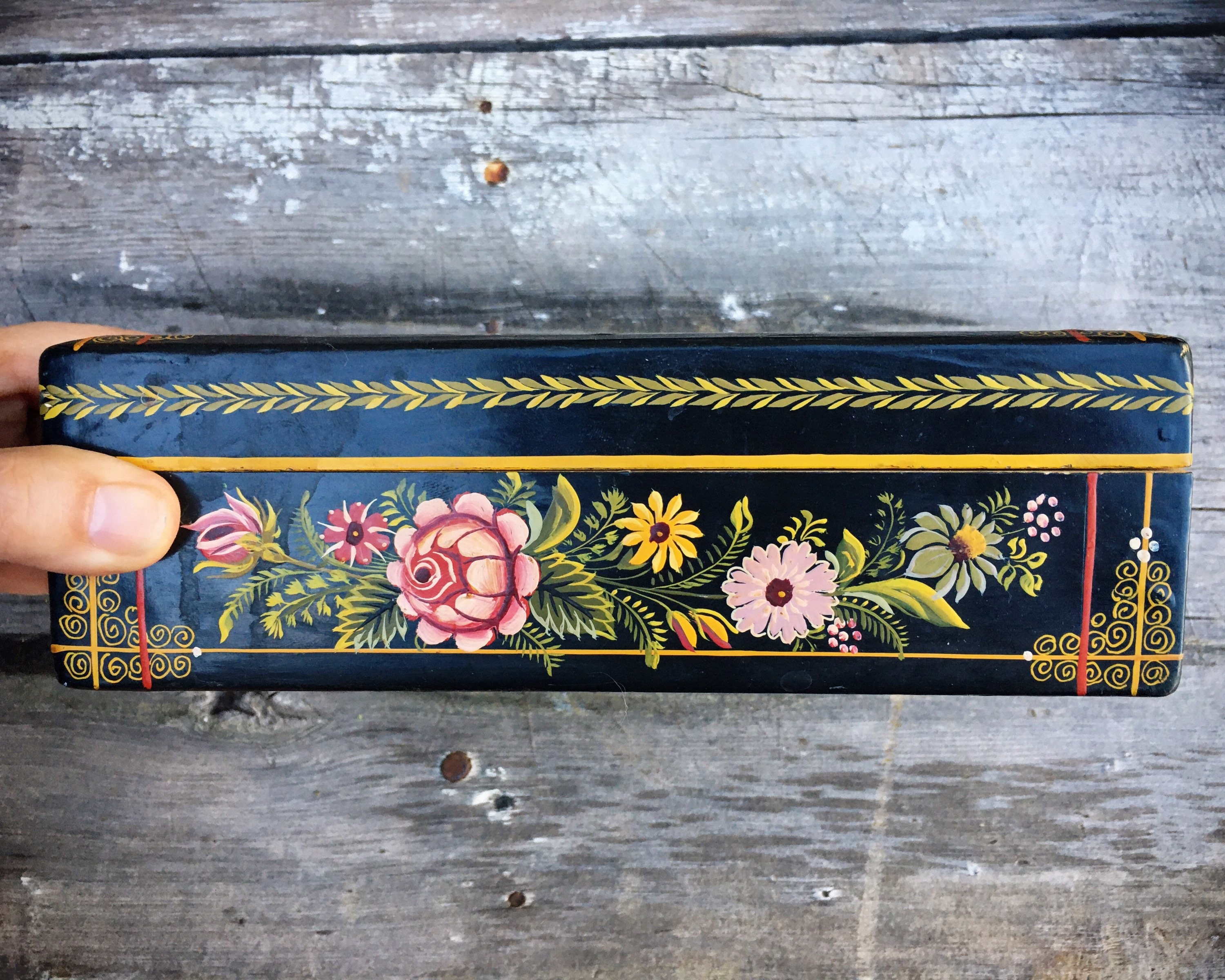 Small Narrow Vintage Mexican Lacquer Painted Wood Box with Floral ...