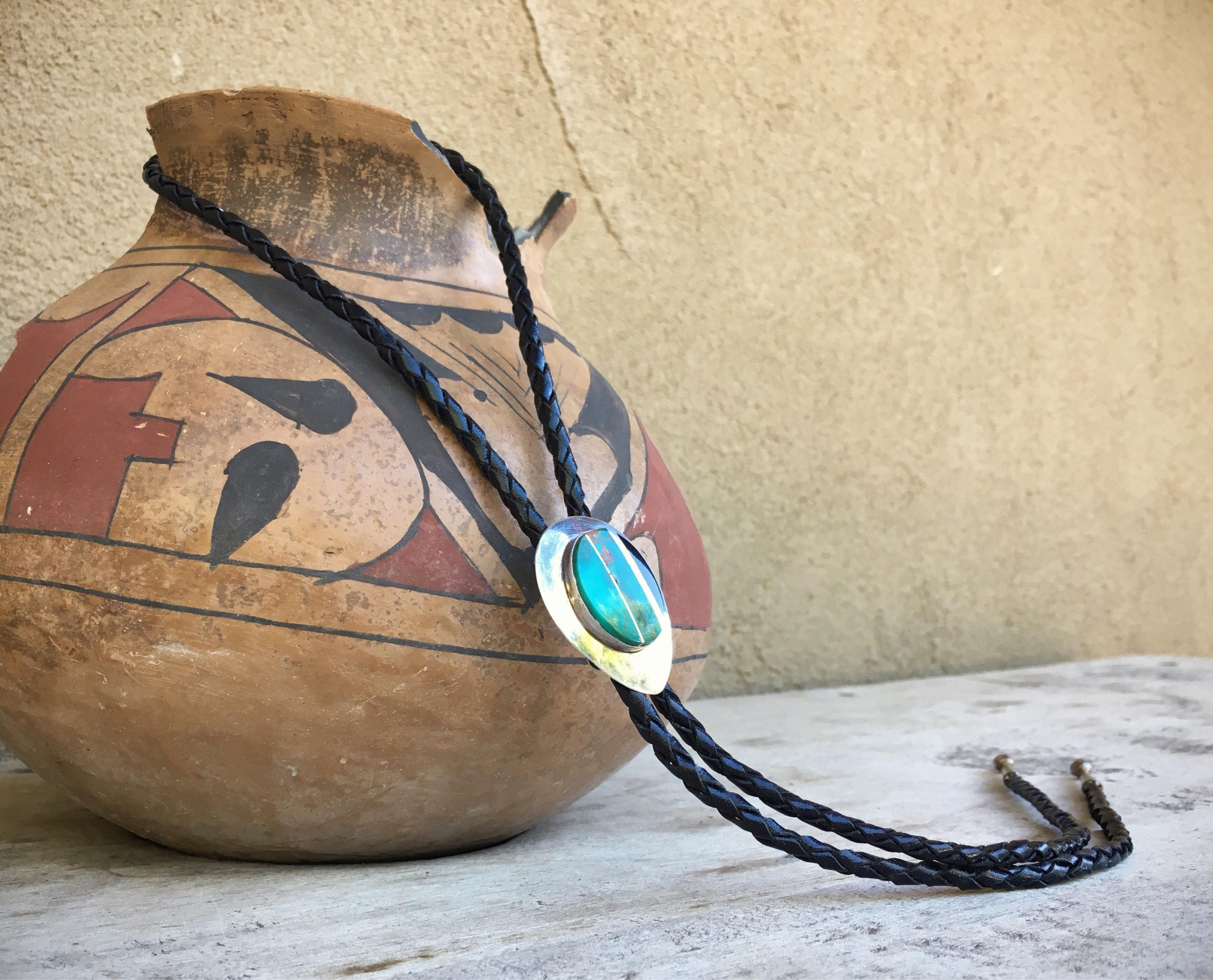 Vintage turquoise bolo tie channel inlay with black onyx Native ...