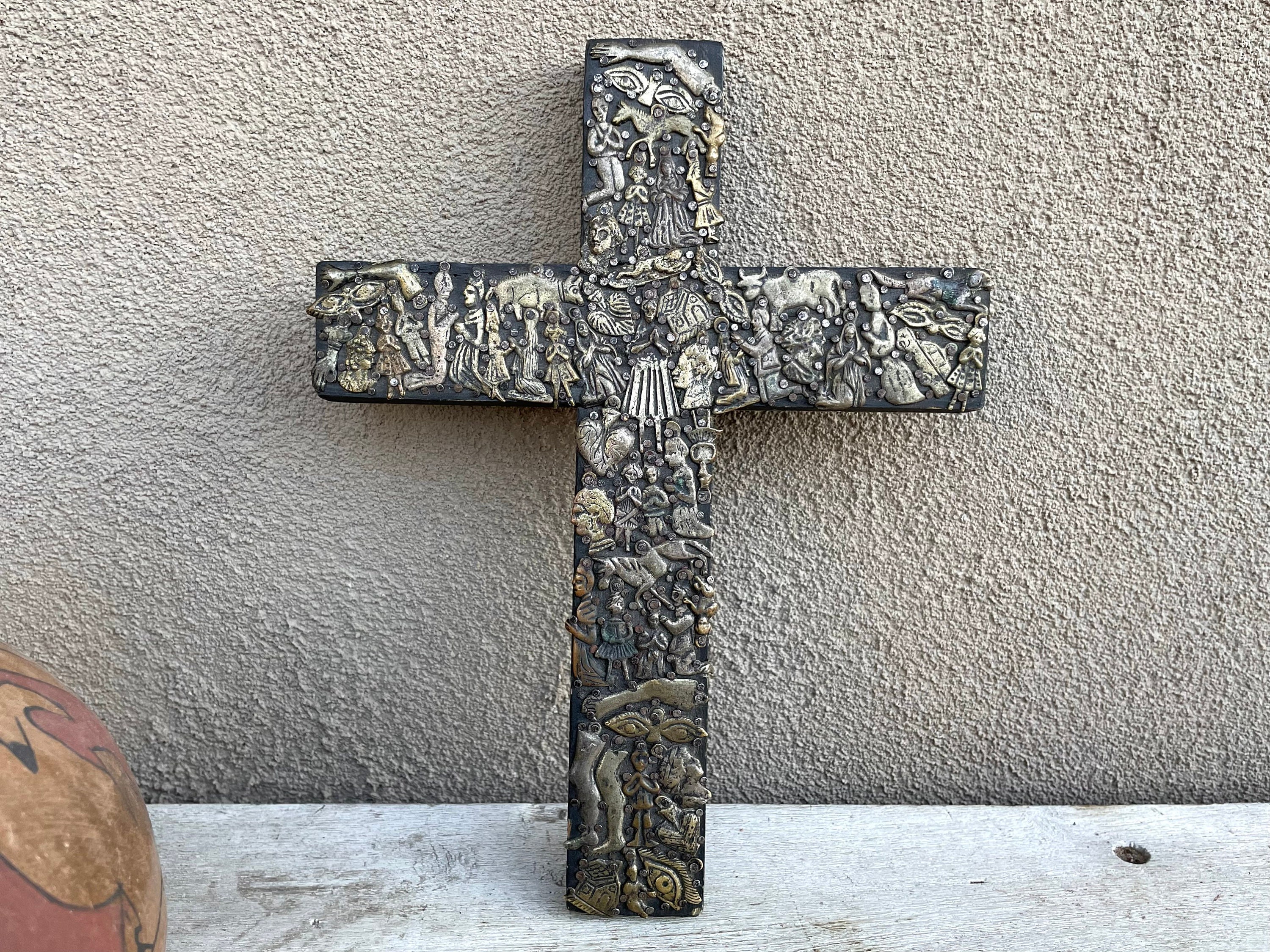 1970s Mexican Milagro Wall Cross with Miracle Charms Amulets, Lucky ...