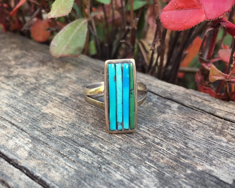 Vintage Cornrow Inlay Turquoise Ring for Women Size 6.5 Native American ...