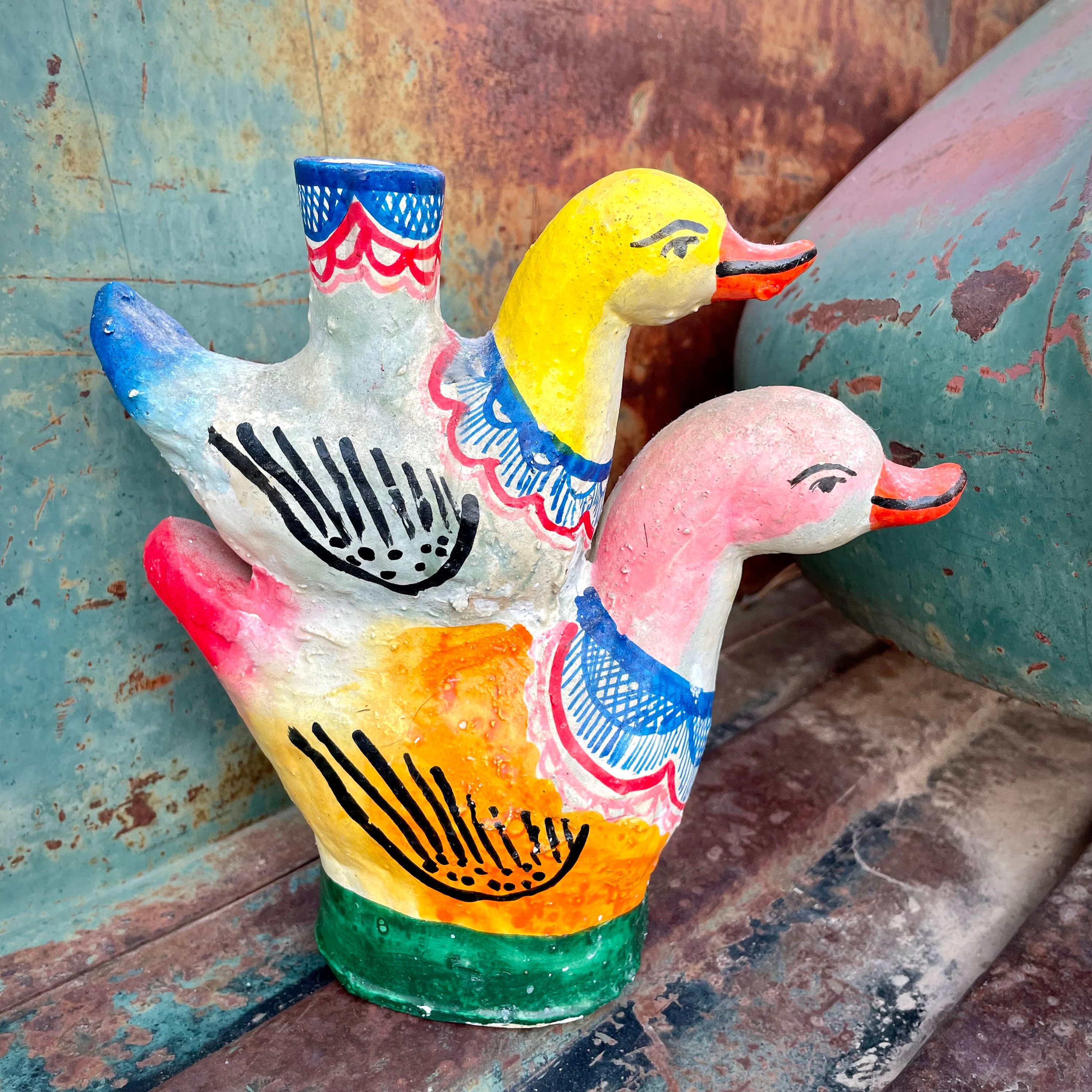 Vintage Distressed Mexican Pottery Folk Art Stacked Bird Sculpture ...