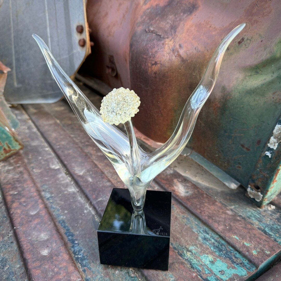 1978 Signed GUYOL Sculpture of Glass Flower on Black Stand, Discolored ...