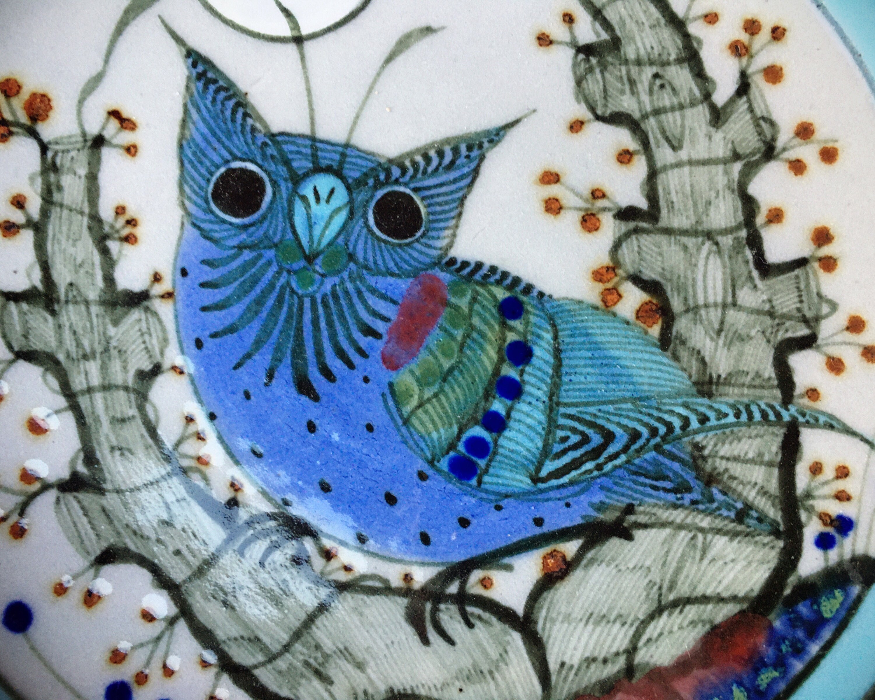 Signed Ken Edwards Pottery 7 Plate with Blue Horned Owl Design, El ...