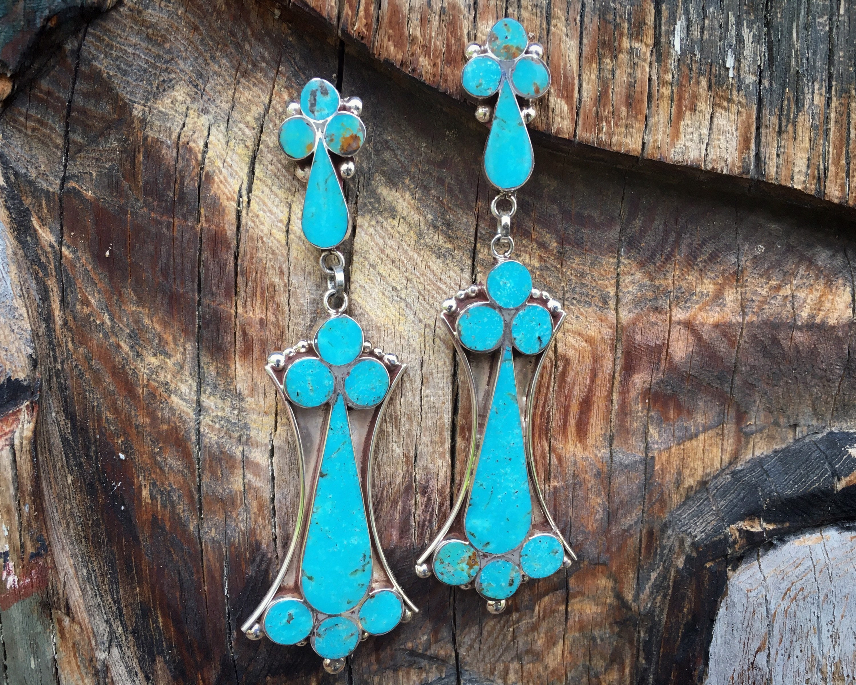 Long Signed Zuni Silver Turquoise Inlay Earrings for Women, Native ...