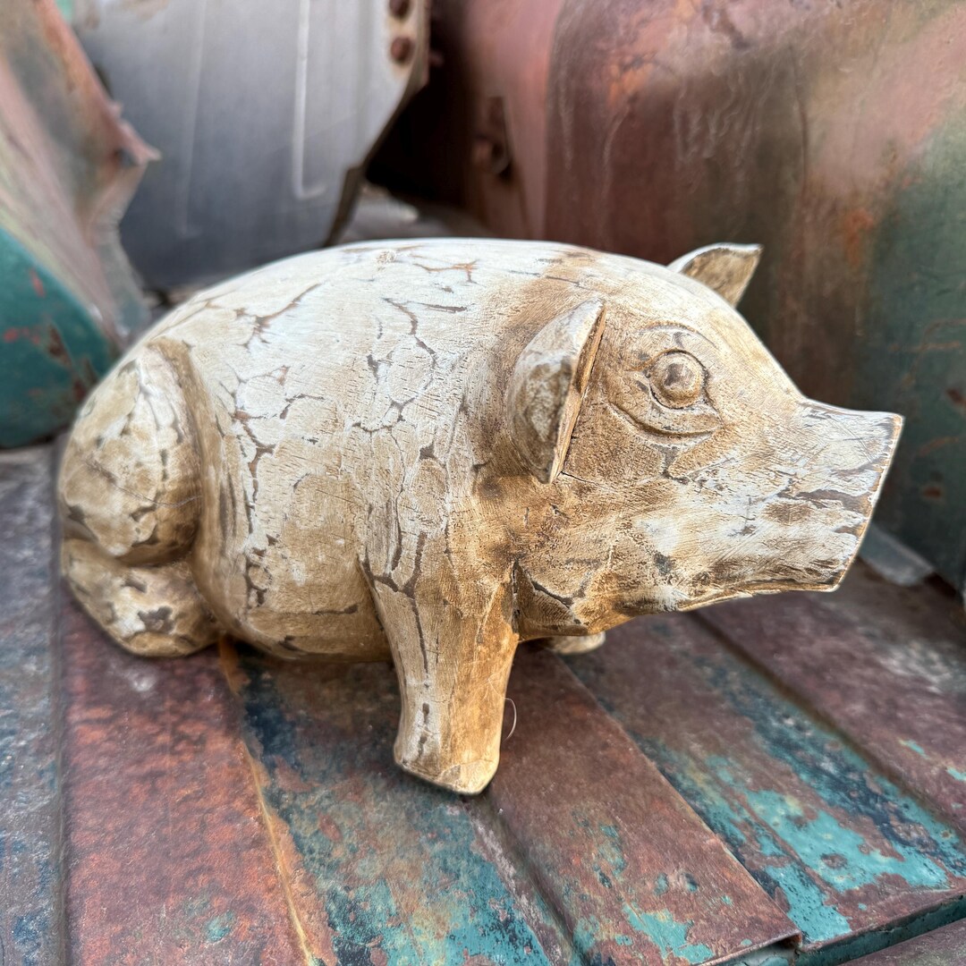 Vintage Chippy Painted Wood Folk Art Pig Statue, Farm Animal, Country ...